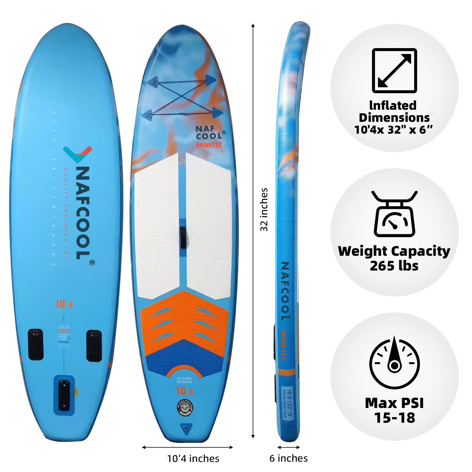 NAFCOOL Inflatable Stand Up Paddle Board,10'4"×32"×6" Surfing Standing Paddle Board with SUP Accessories & Backpack, Non-Slip Deck,Removable Fins,Leash,Paddle,Hand Pump for Youth & Adult(Sky Blue)