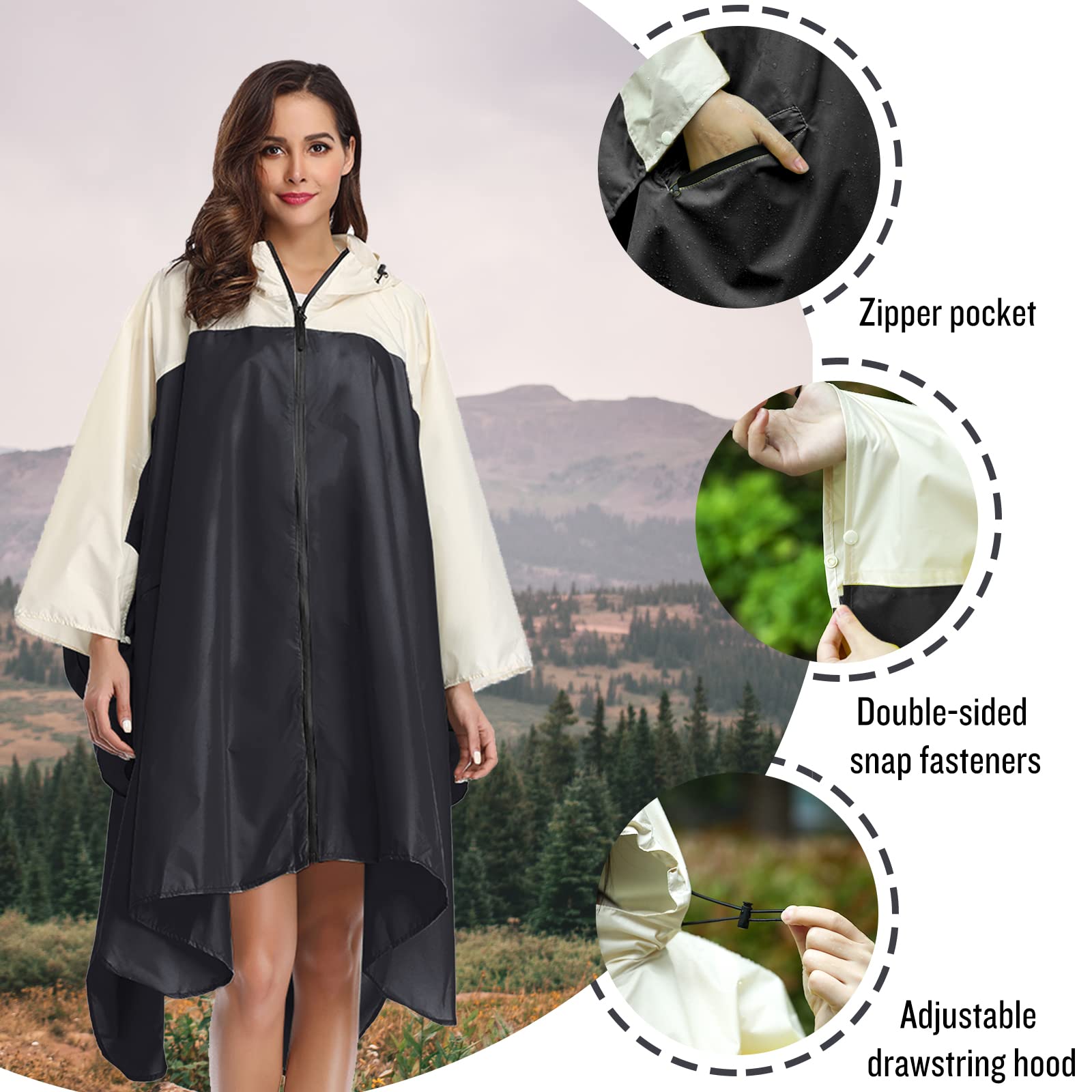SaphiRose Unisex Rain Poncho Hooded Waterproof Raincoat for Adults Women (Black-White)