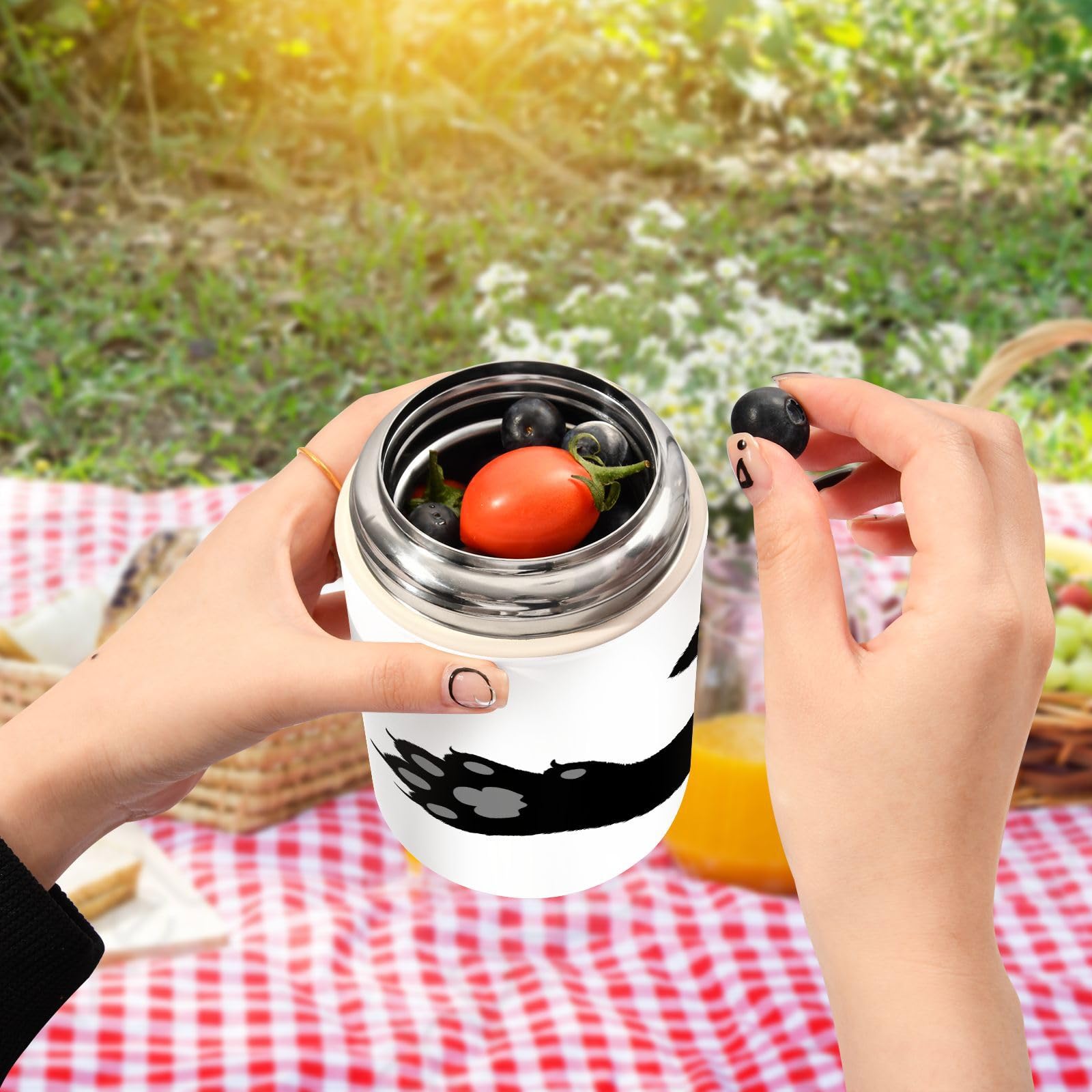 CUPADA Cat Paw Food Jar for Hot and Cold, Black Cat Insulated Food Jars Vacuum 17OZ with Folding Spoon for Work Trip Picnic Camping