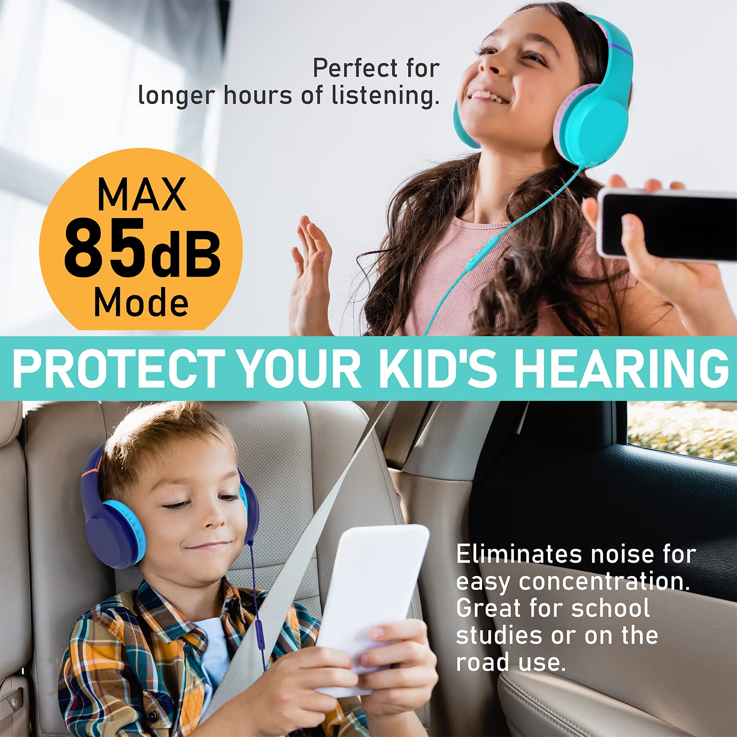 FosPower Kids Headphones with 3.5mm Laced Cables, Children & Teens Over The Ear Foldable Adjustable Headset w/Built-in Mic for Smartphones/PC/Tablet/Laptop/School (Max Volume 85dB) - Blue