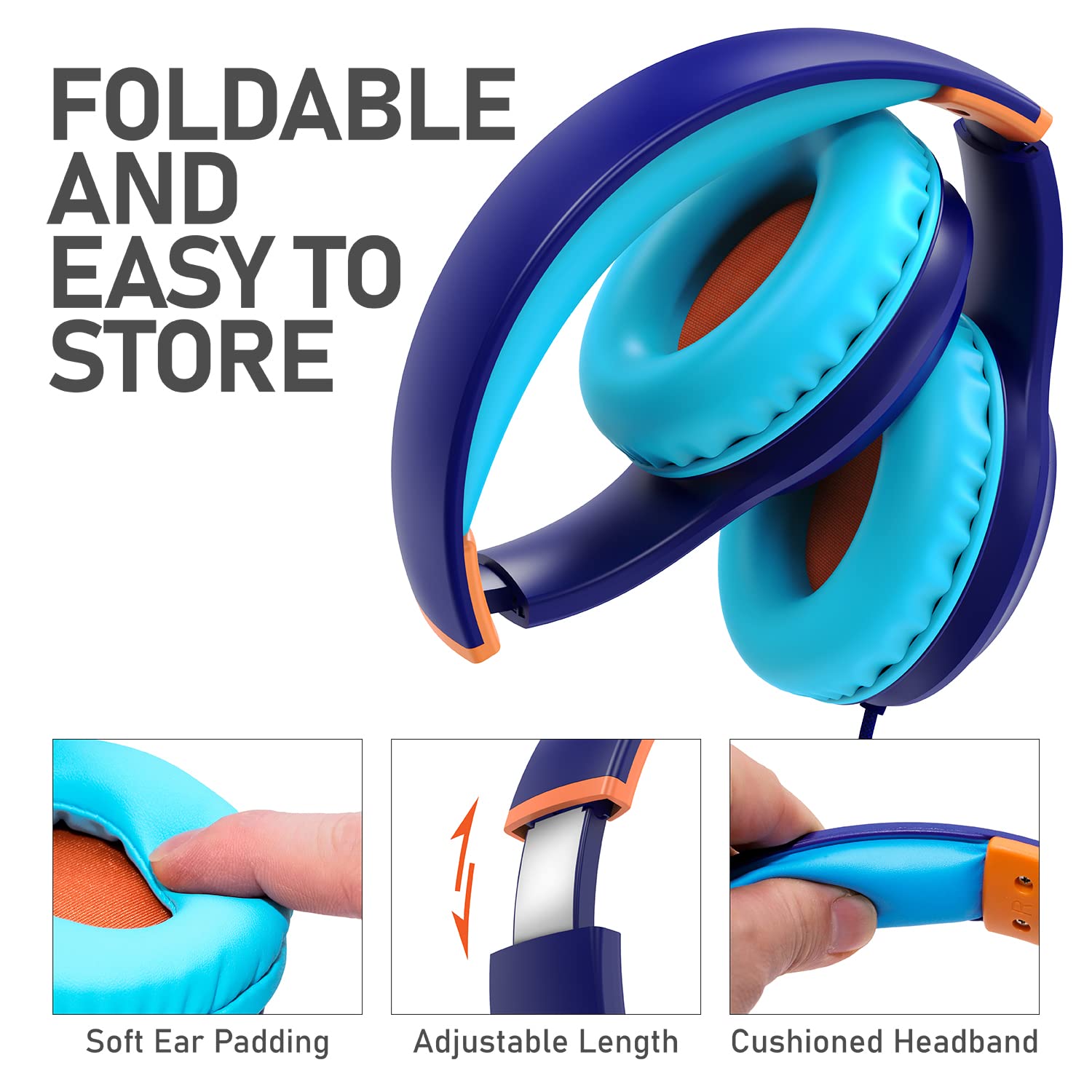 FosPower Kids Headphones with 3.5mm Laced Cables, Children & Teens Over The Ear Foldable Adjustable Headset w/Built-in Mic for Smartphones/PC/Tablet/Laptop/School (Max Volume 85dB) - Blue
