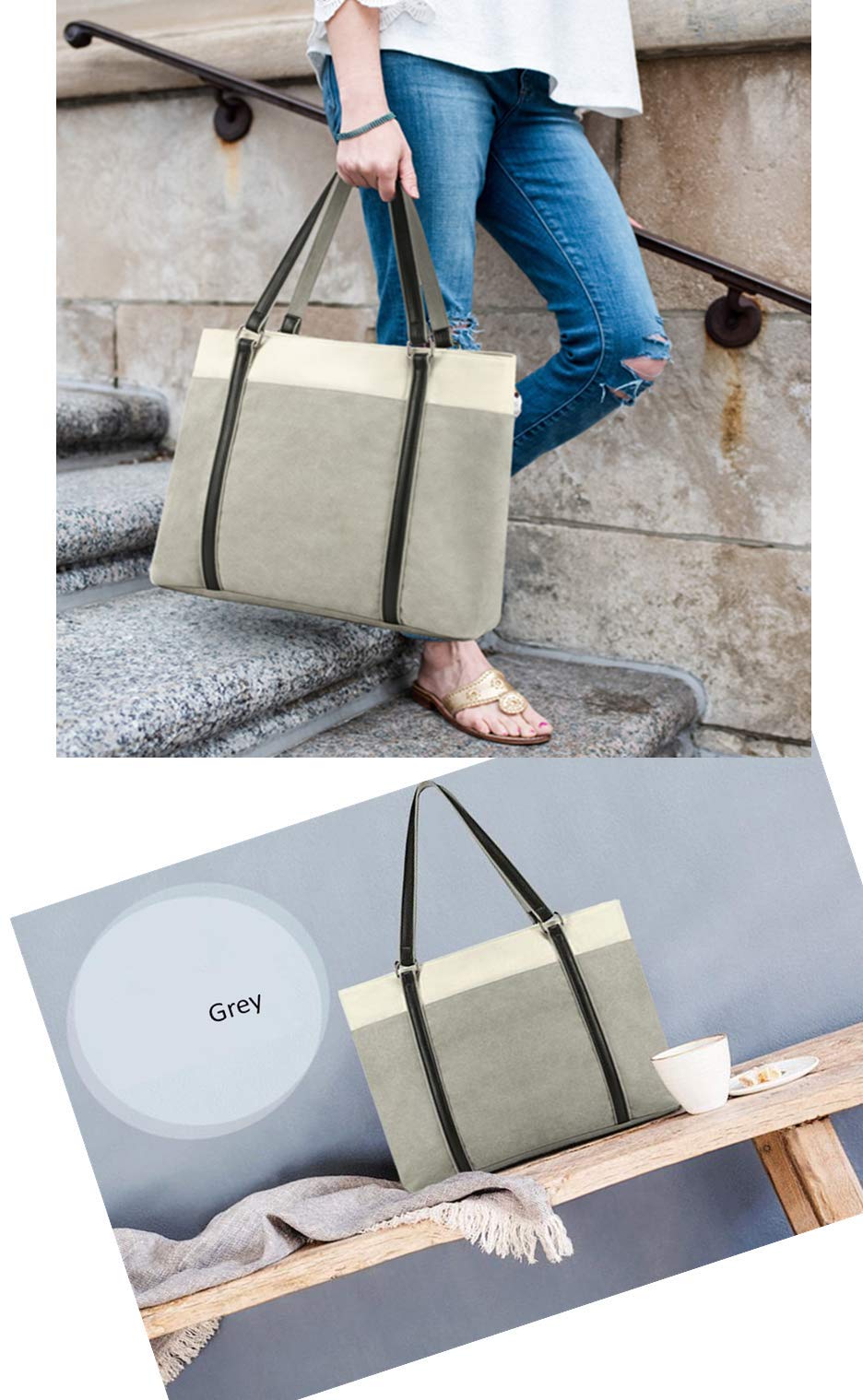 Wxnow Laptop Tote Bag 15.6 Inch Laptop Bag for Women Teacher Large Laptop Organizer Bag Waterproof Briefcase Shoulder Bag for Work Grey