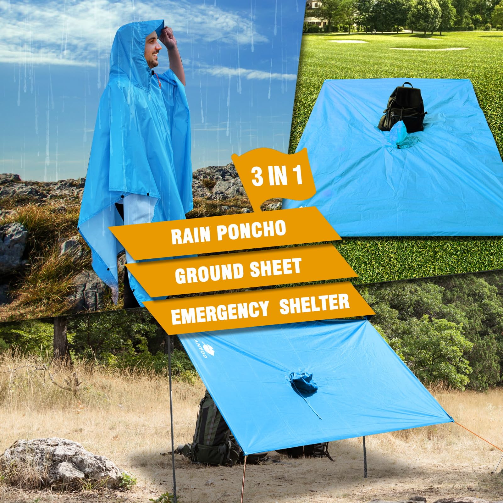 ANYOO Hooded Rain Poncho for Adults Waterproof Lightweight Rain Coats for Men Women Reusable Rain Jacket for Emergency Camping Outdoor Activities