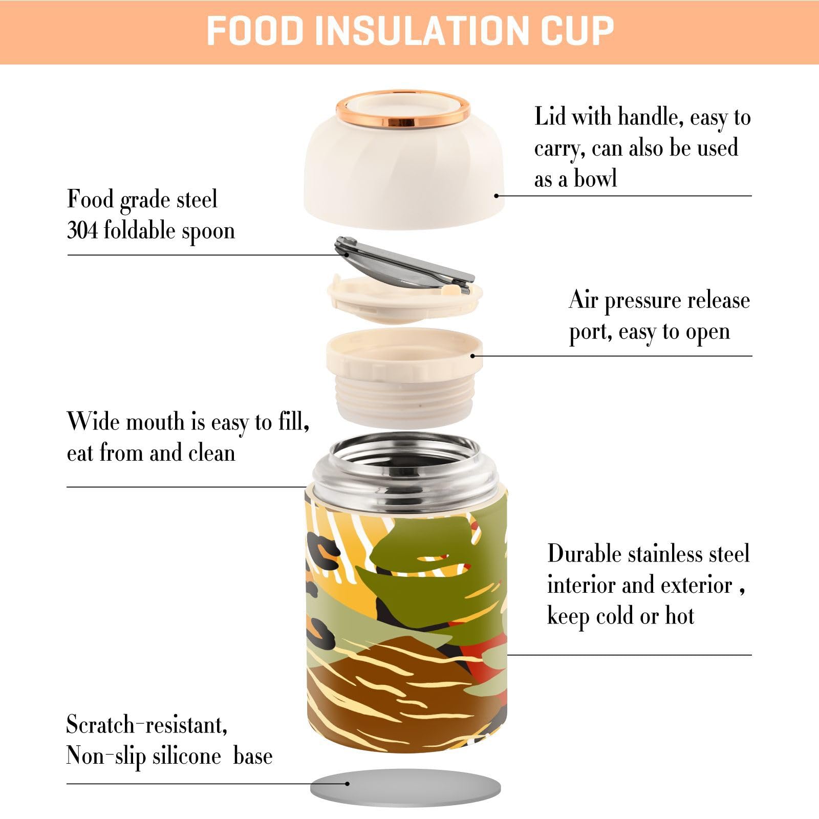 CUPADA Tropical Leaves Food Jar for Hot and Cold, Leopard Skin Insulated Food Jars Vacuum 17OZ with Folding Spoon for Work Trip Picnic Camping