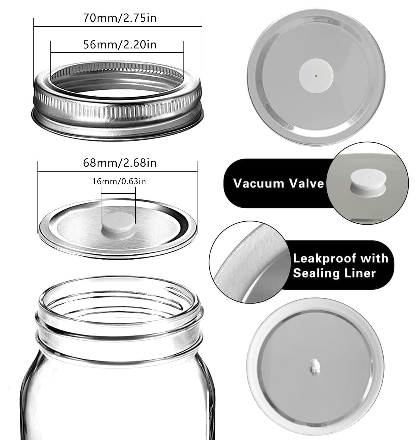 SOCTKE Mason Jar Vacuum Sealer Set,6PCS Stainless Steel Lid SplitType with Vacuum Valve,with Leak proof & Airtight Seal Features,Use for Food StorageFreshFermentation(with Hose and Manual Vacuum