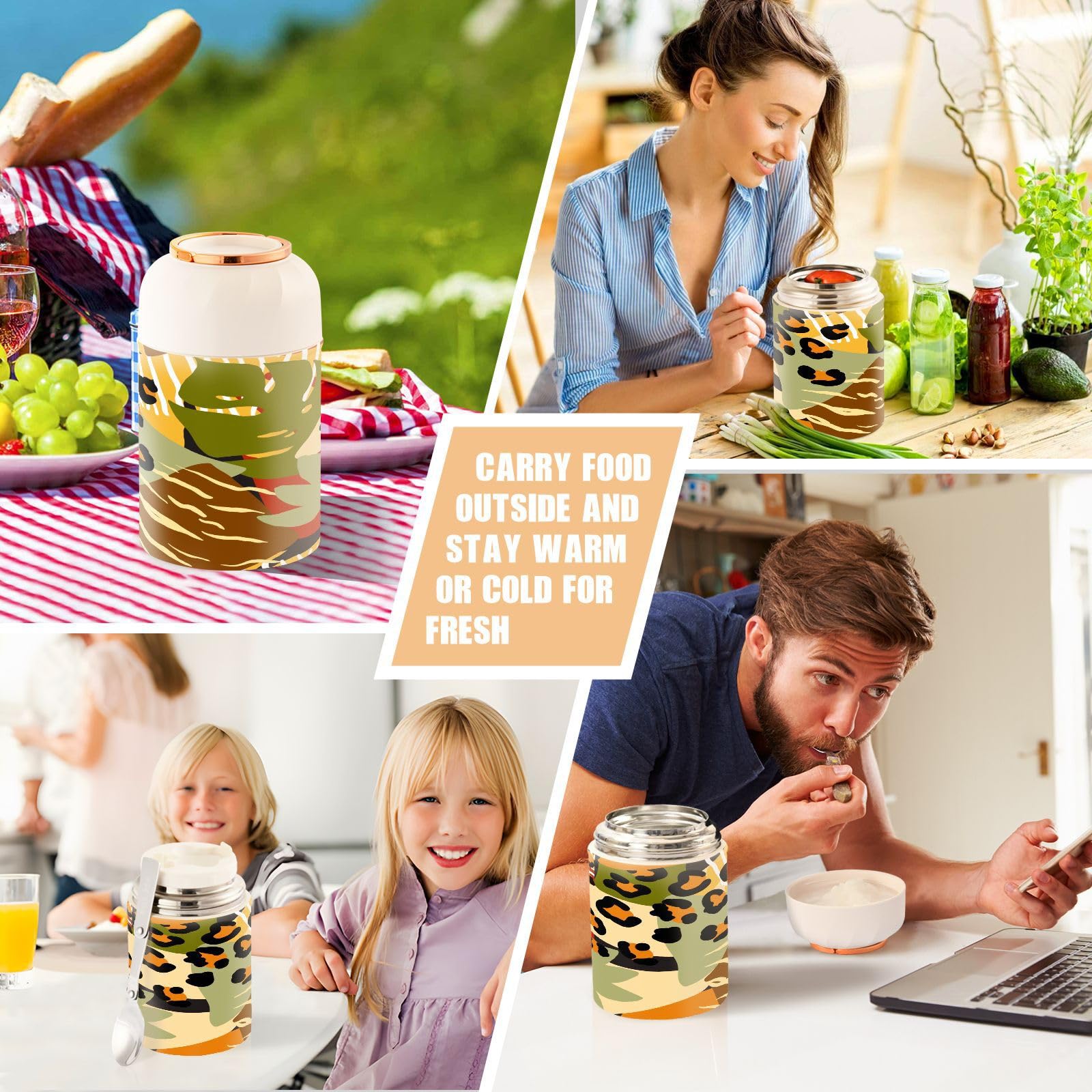 CUPADA Tropical Leaves Food Jar for Hot and Cold, Leopard Skin Insulated Food Jars Vacuum 17OZ with Folding Spoon for Work Trip Picnic Camping