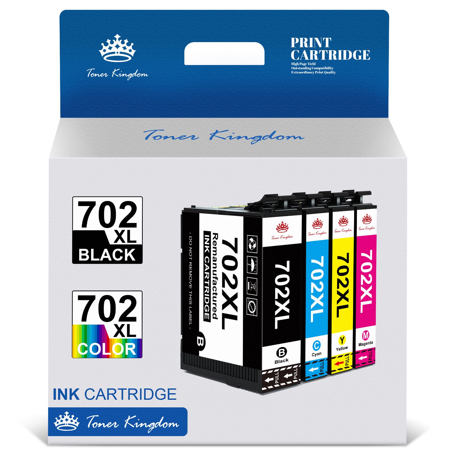 Toner Kingdom Remanufactured Ink Cartridge Replacement for Epson 702XL T702 702 Ink Cartridges Combo Pack for Workforce Pro WF-3720 WF-3730 WF-3733 Printer (Large Black, Cyan, Magenta, Yellow, 4-Pack)