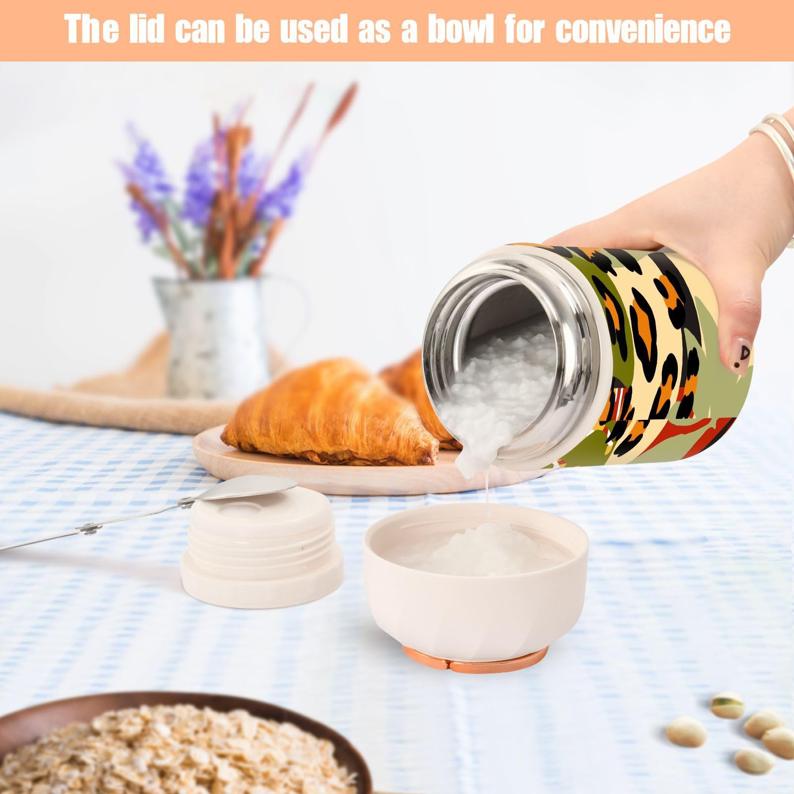 CUPADA Tropical Leaves Food Jar for Hot and Cold, Leopard Skin Insulated Food Jars Vacuum 17OZ with Folding Spoon for Work Trip Picnic Camping