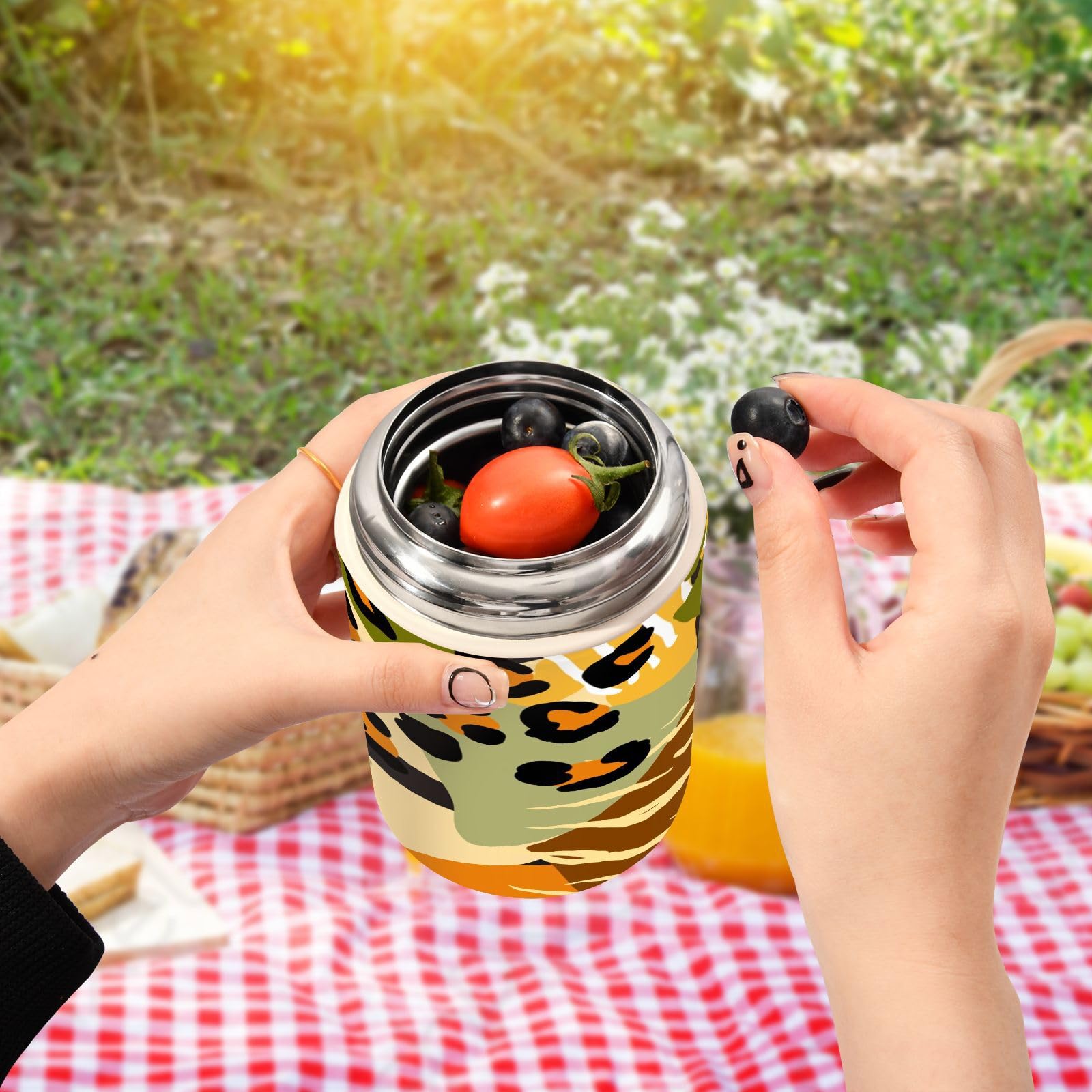 CUPADA Tropical Leaves Food Jar for Hot and Cold, Leopard Skin Insulated Food Jars Vacuum 17OZ with Folding Spoon for Work Trip Picnic Camping