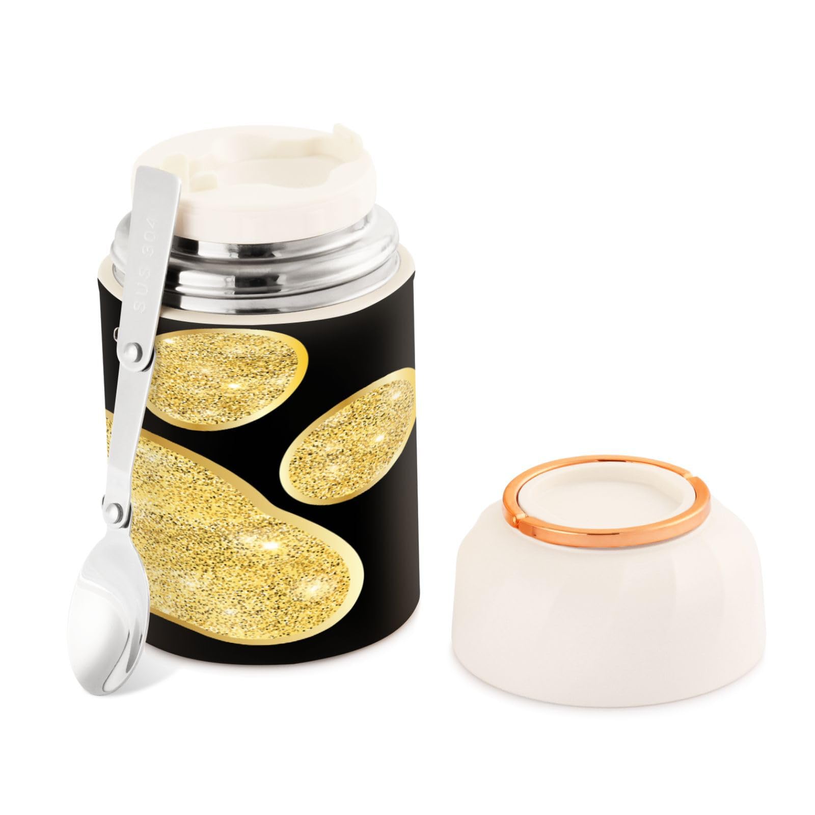 CUPADA Dog Paw Glitter Food Jar for Hot and Cold, Gold Insulated Food Jars Vacuum 17OZ with Folding Spoon for Work Trip Picnic Camping