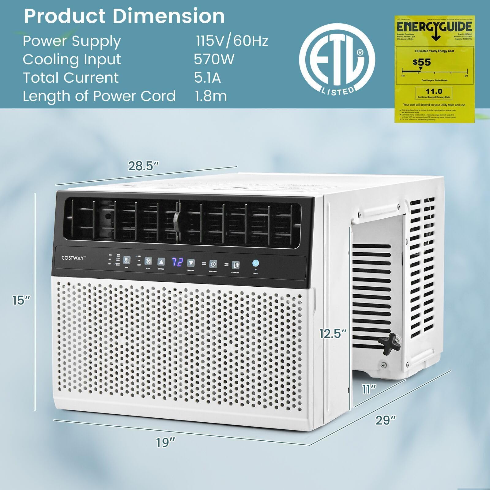 COSTWAY 10000 BTU Window Air Conditioner, Over the Sill AC with Energy Saver Modes, Handy Remote, Touchable LED Control Panel, up to 250 Sq.Ft. Window AC Unit, Ultra Quiet Operation