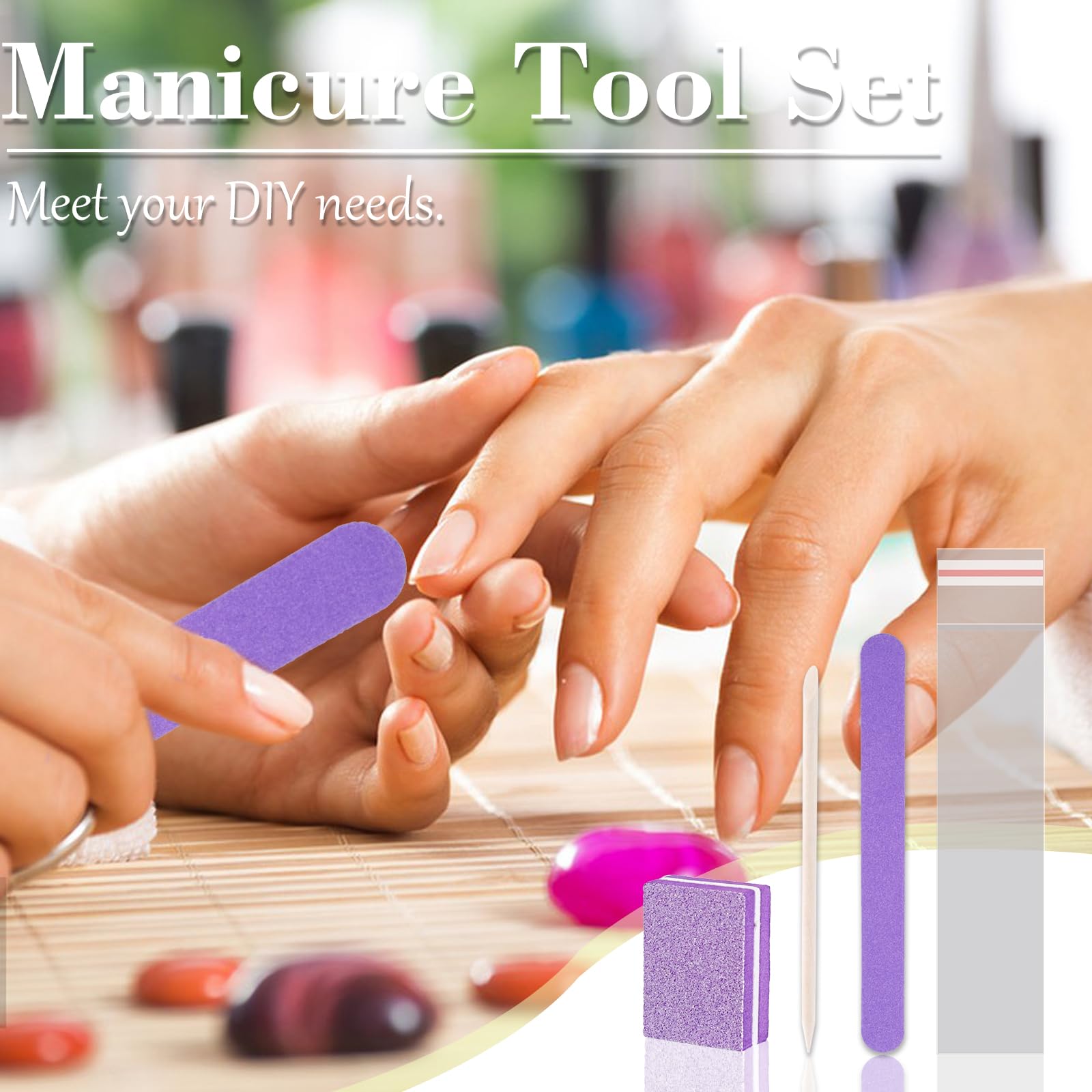 50 Set Disposable Manicure Kit, Including 50pcs Mini Nail Buffer, 50pcs Nail File, 50pcs Wood Stick, 50pcs OPP Bag, Press on Nail Tool Kit for Salon Home (Purple)