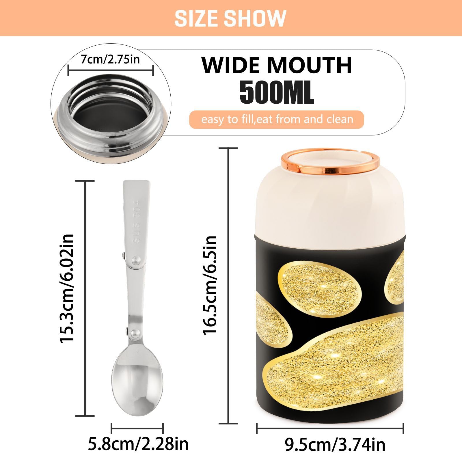 CUPADA Dog Paw Glitter Food Jar for Hot and Cold, Gold Insulated Food Jars Vacuum 17OZ with Folding Spoon for Work Trip Picnic Camping