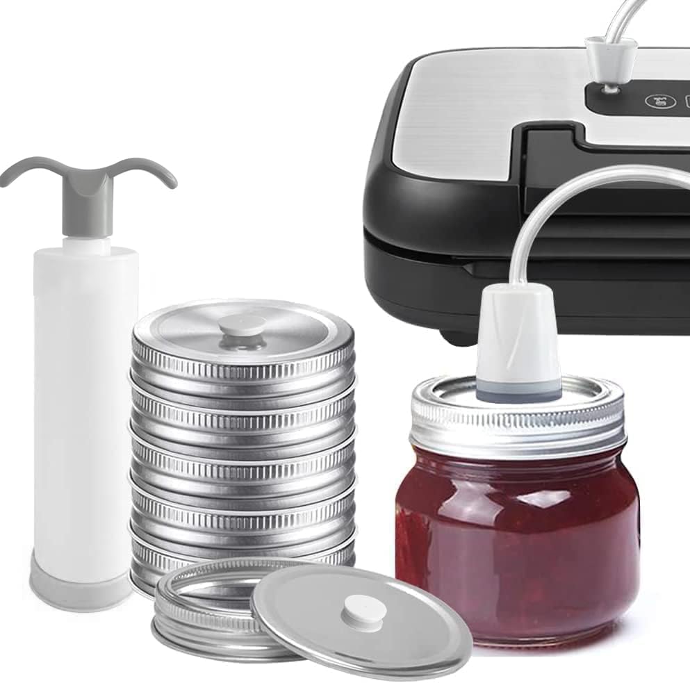 SOCTKE Mason Jar Vacuum Sealer Set,6PCS Stainless Steel Lid SplitType with Vacuum Valve,with Leak proof & Airtight Seal Features,Use for Food StorageFreshFermentation(with Hose and Manual Vacuum