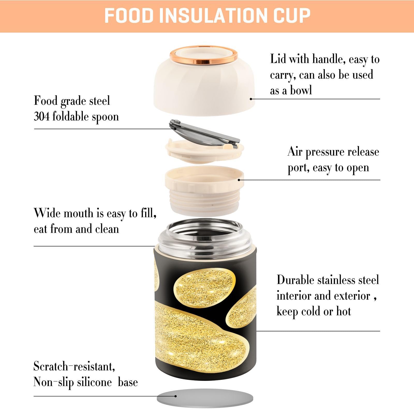 CUPADA Dog Paw Glitter Food Jar for Hot and Cold, Gold Insulated Food Jars Vacuum 17OZ with Folding Spoon for Work Trip Picnic Camping