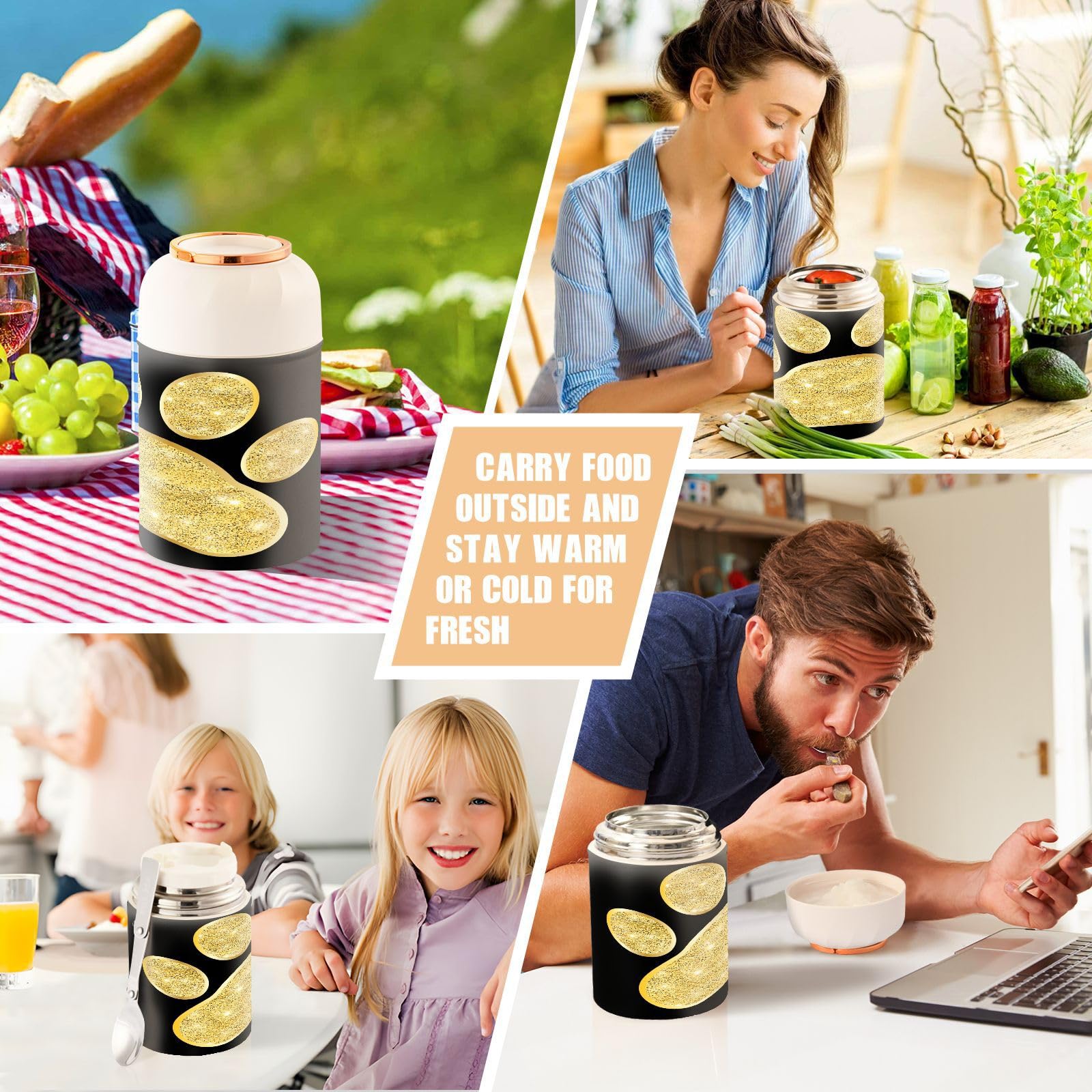 CUPADA Dog Paw Glitter Food Jar for Hot and Cold, Gold Insulated Food Jars Vacuum 17OZ with Folding Spoon for Work Trip Picnic Camping