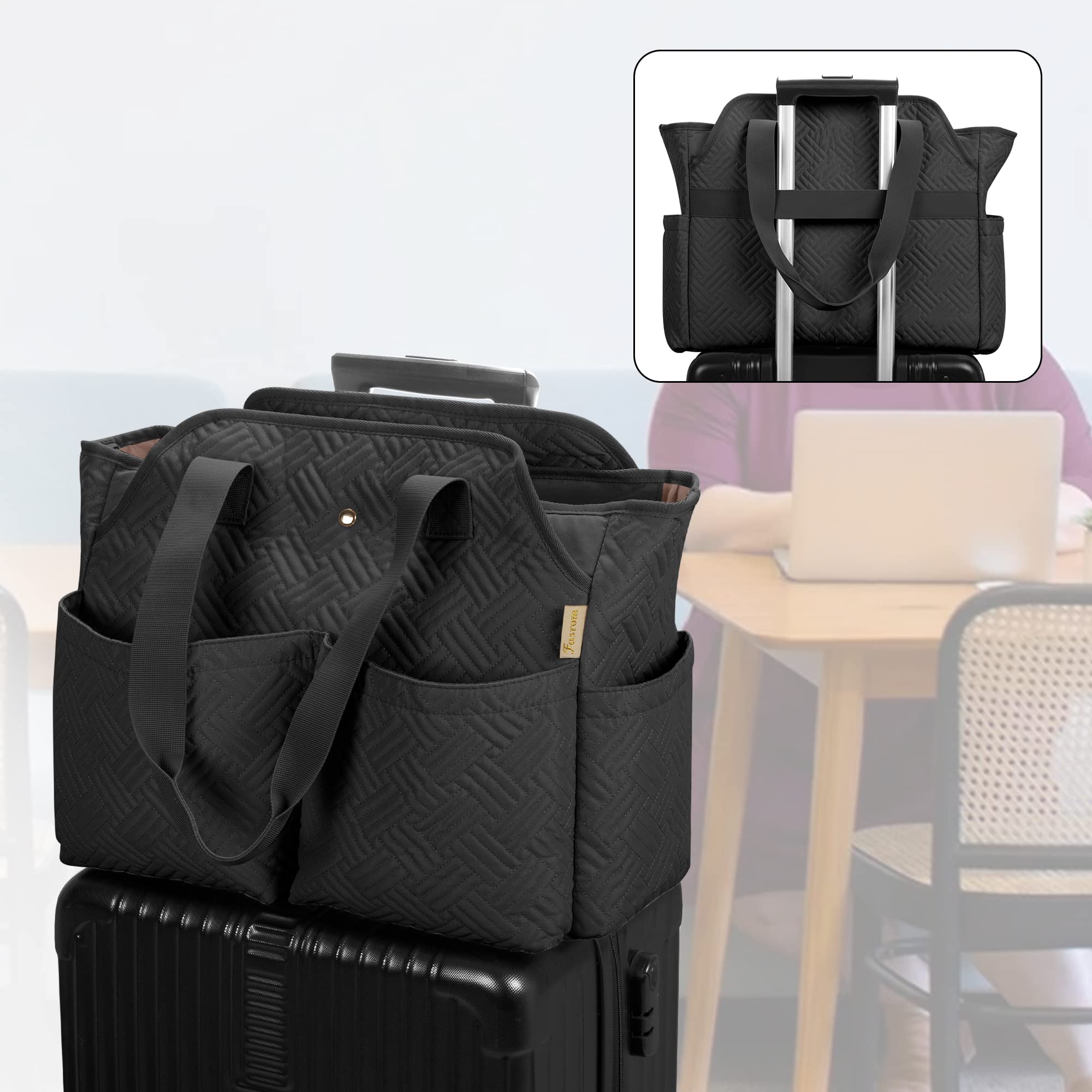 Fasrom Teacher Bag for Work Women, Large Utility Tote Bag with Laptop Compartment for Teacher Essentials (Empty Bag Only), Black