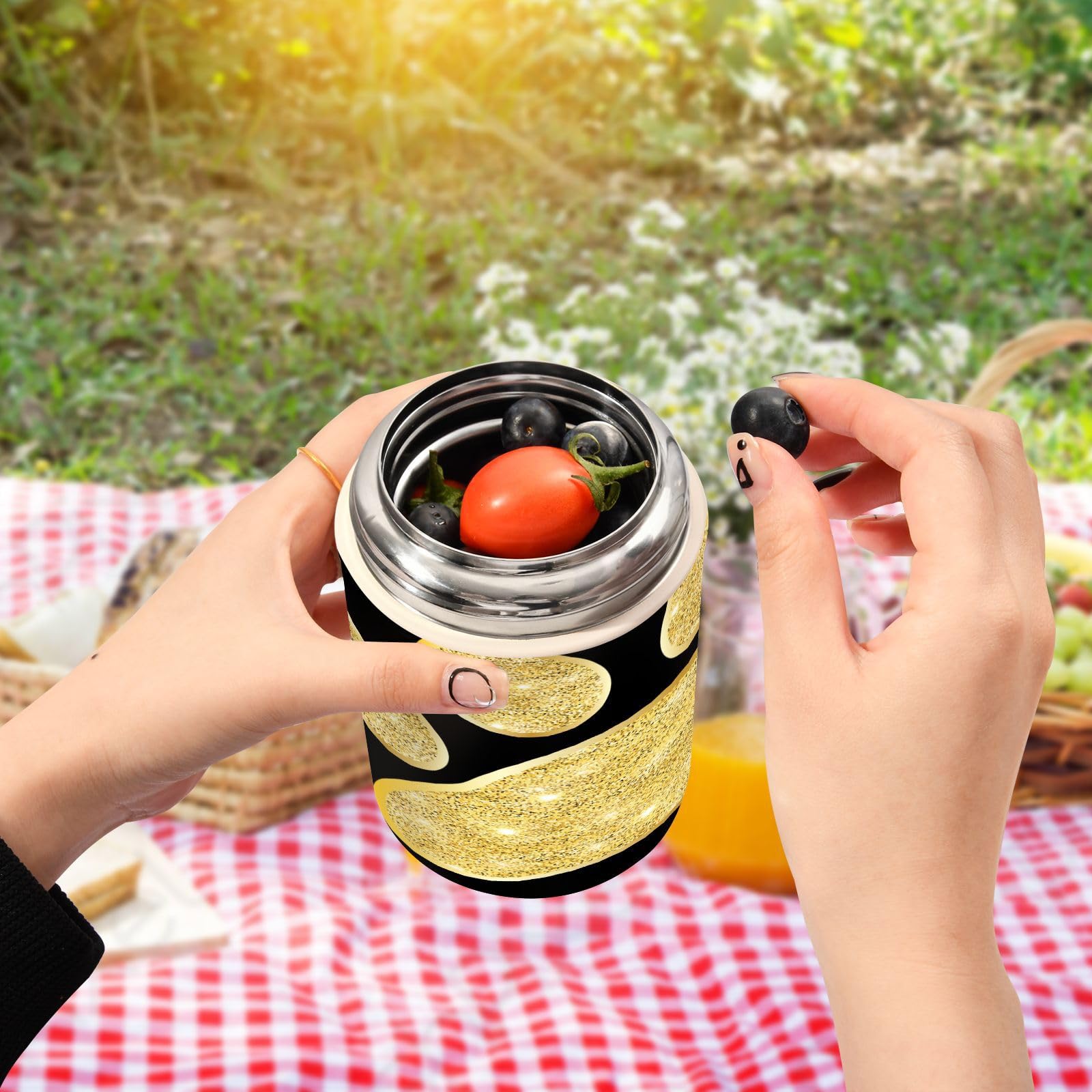 CUPADA Dog Paw Glitter Food Jar for Hot and Cold, Gold Insulated Food Jars Vacuum 17OZ with Folding Spoon for Work Trip Picnic Camping