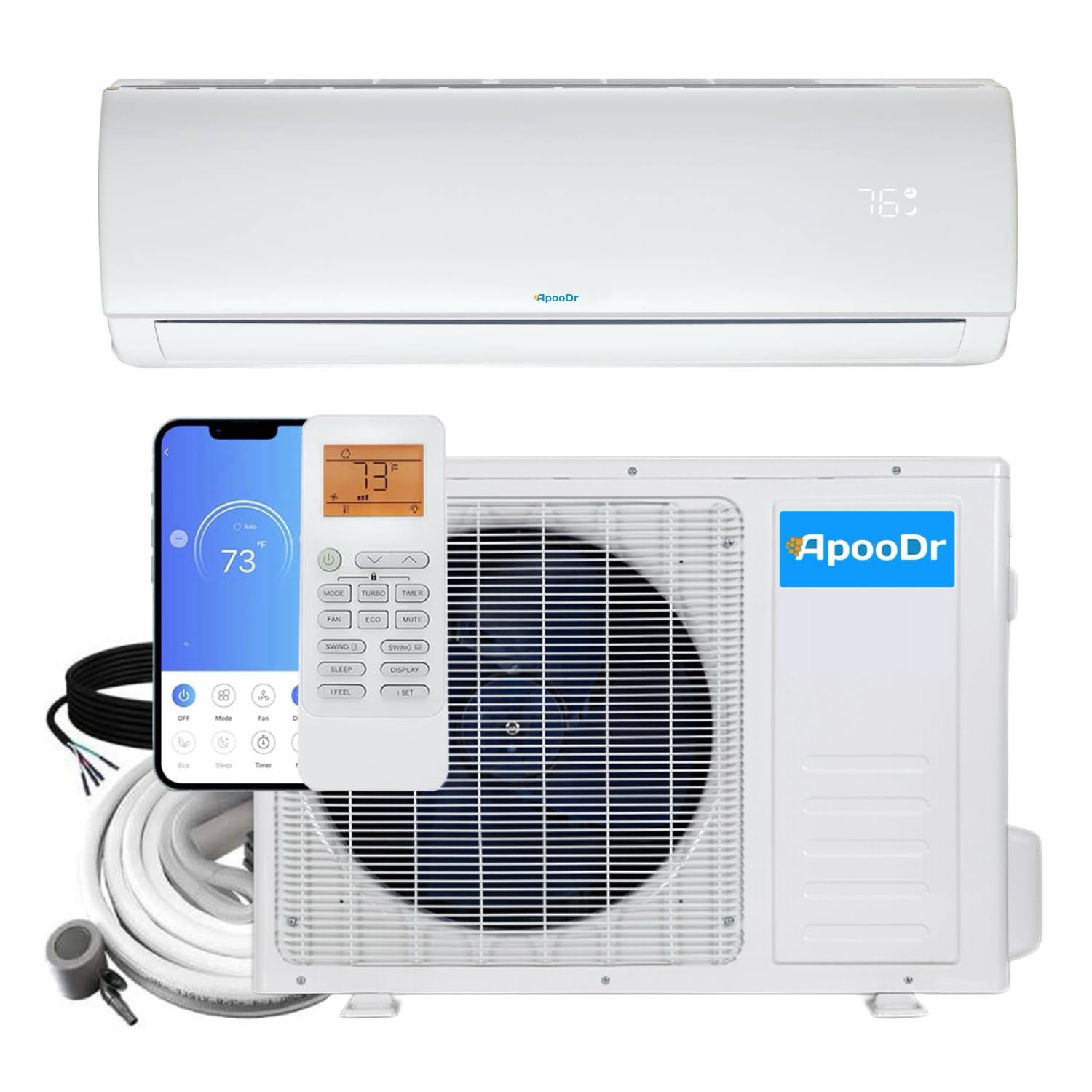 ApooDr AES Series 12,000 BTU 19 SEER2 Mini Split Air Conditioner Ductless Inverter System with Heat Pump 110V, Wi-Fi with 16 Ft. Kit