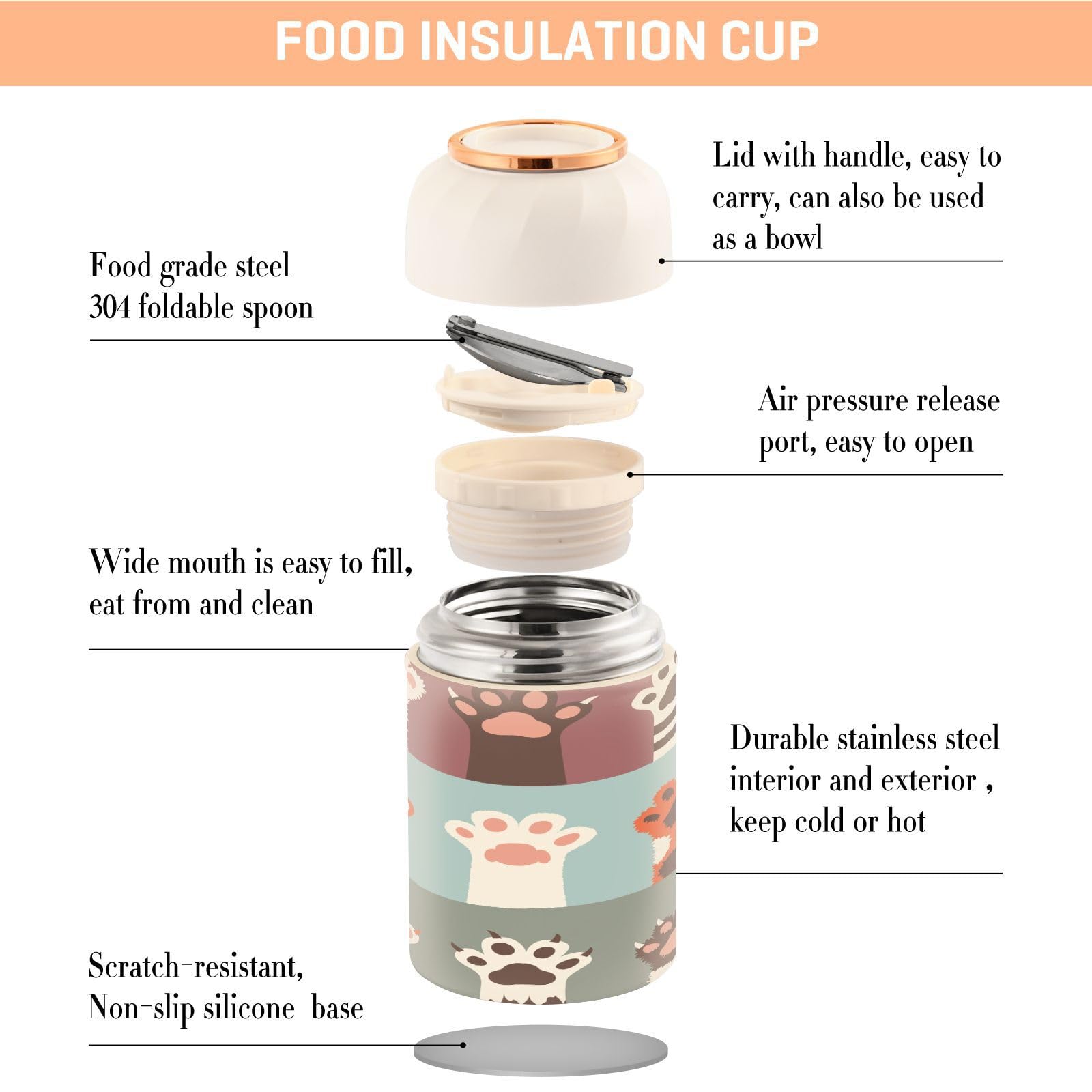 CUPADA Cute Cats Paws Food Jar for Hot and Cold, Funny Insulated Food Jars Vacuum 17OZ with Folding Spoon for Work Trip Picnic Camping