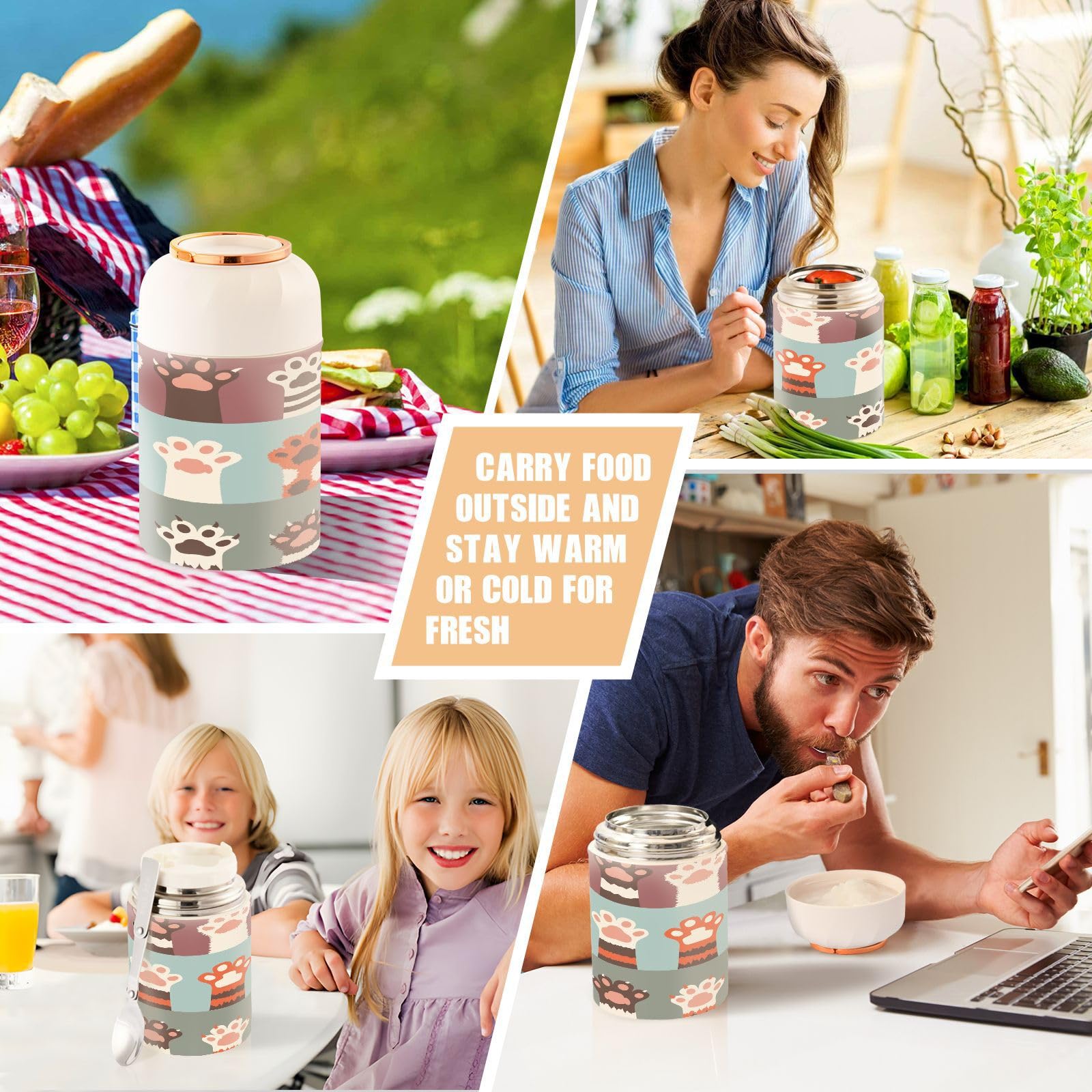CUPADA Cute Cats Paws Food Jar for Hot and Cold, Funny Insulated Food Jars Vacuum 17OZ with Folding Spoon for Work Trip Picnic Camping
