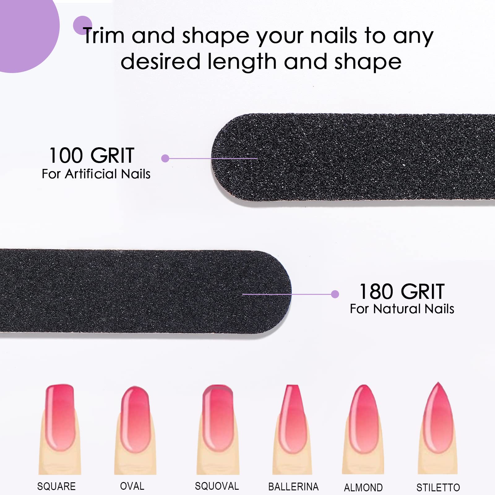 Nail File and Buffer Professional Manicure Tools Kit Emery Board & Nail Buffer Blocks Double Sided Reuseable 100/180 Grit 10Pcs for Home and Salon Use(Purple)