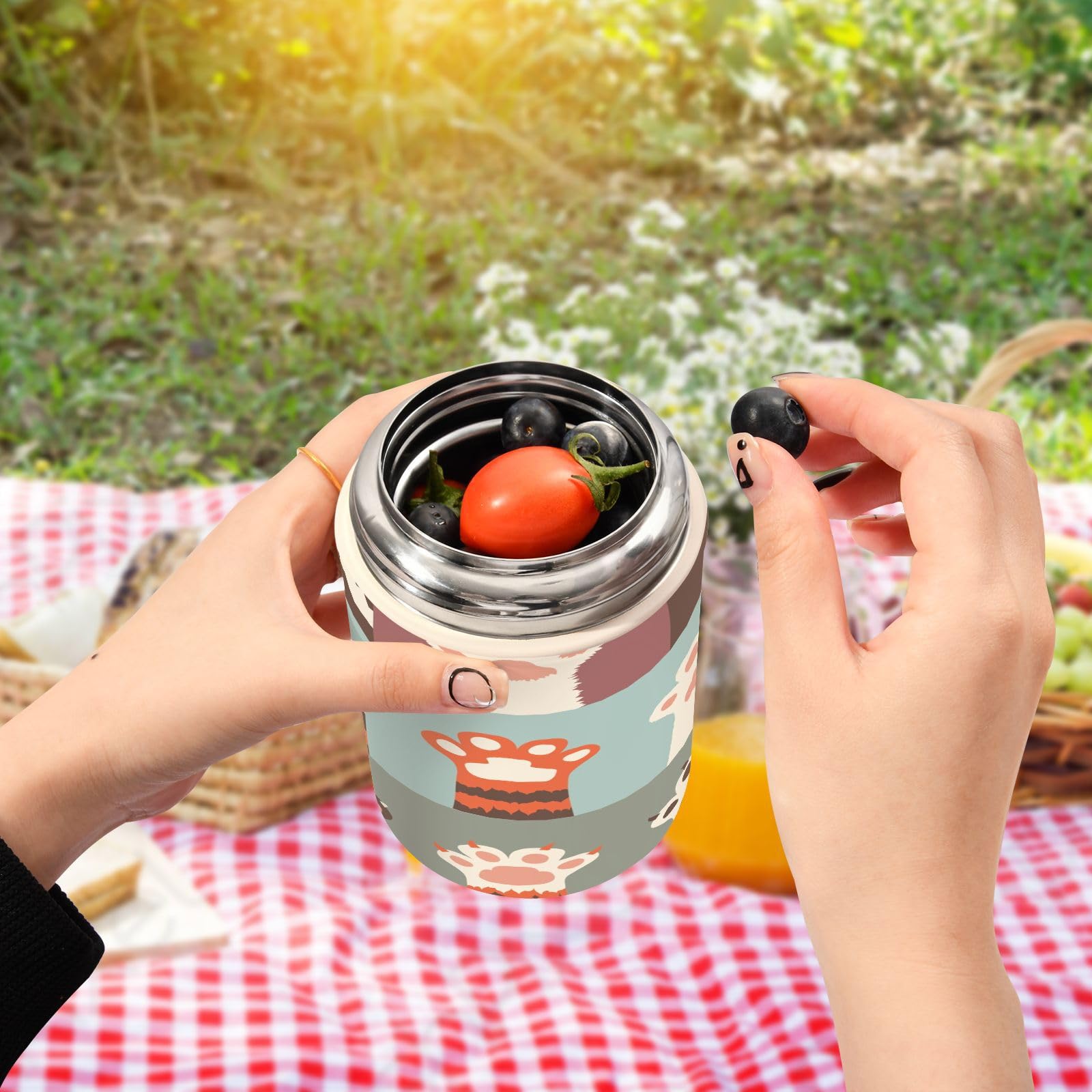 CUPADA Cute Cats Paws Food Jar for Hot and Cold, Funny Insulated Food Jars Vacuum 17OZ with Folding Spoon for Work Trip Picnic Camping