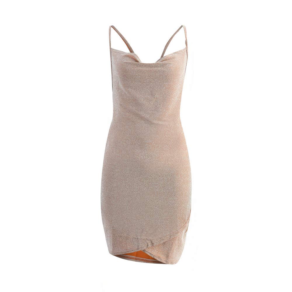 VANCOL Sexy Dresses for Women Party Club Night Glitter Spaghetti Strap Bodycon Mini Dress (Champagne, S)