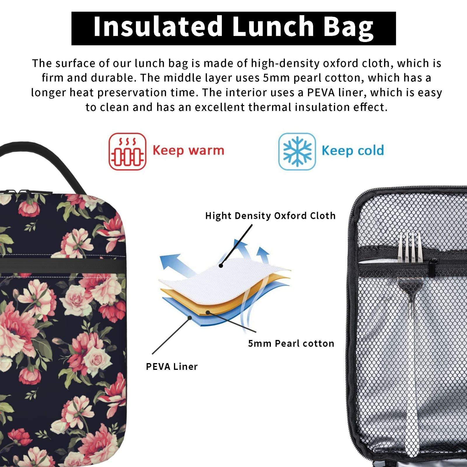 YETTA YANG Flower Floral Cute Black Pink Portable Lunch Bag Insulated Lunch Box Reusable Totes For Women Men Work Picnic Camping