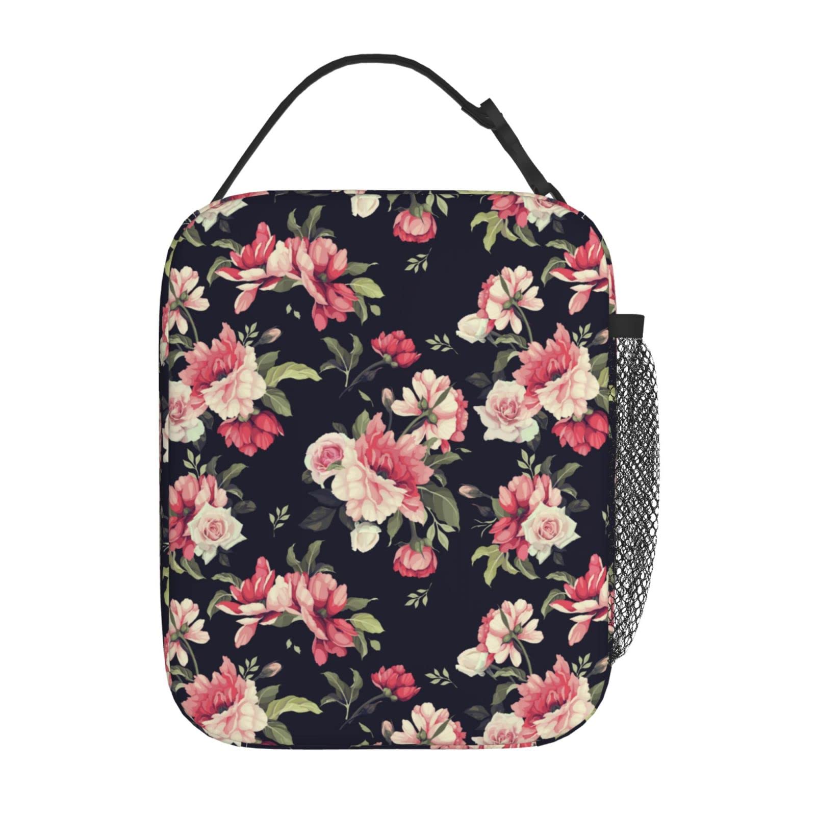 YETTA YANG Flower Floral Cute Black Pink Portable Lunch Bag Insulated Lunch Box Reusable Totes For Women Men Work Picnic Camping