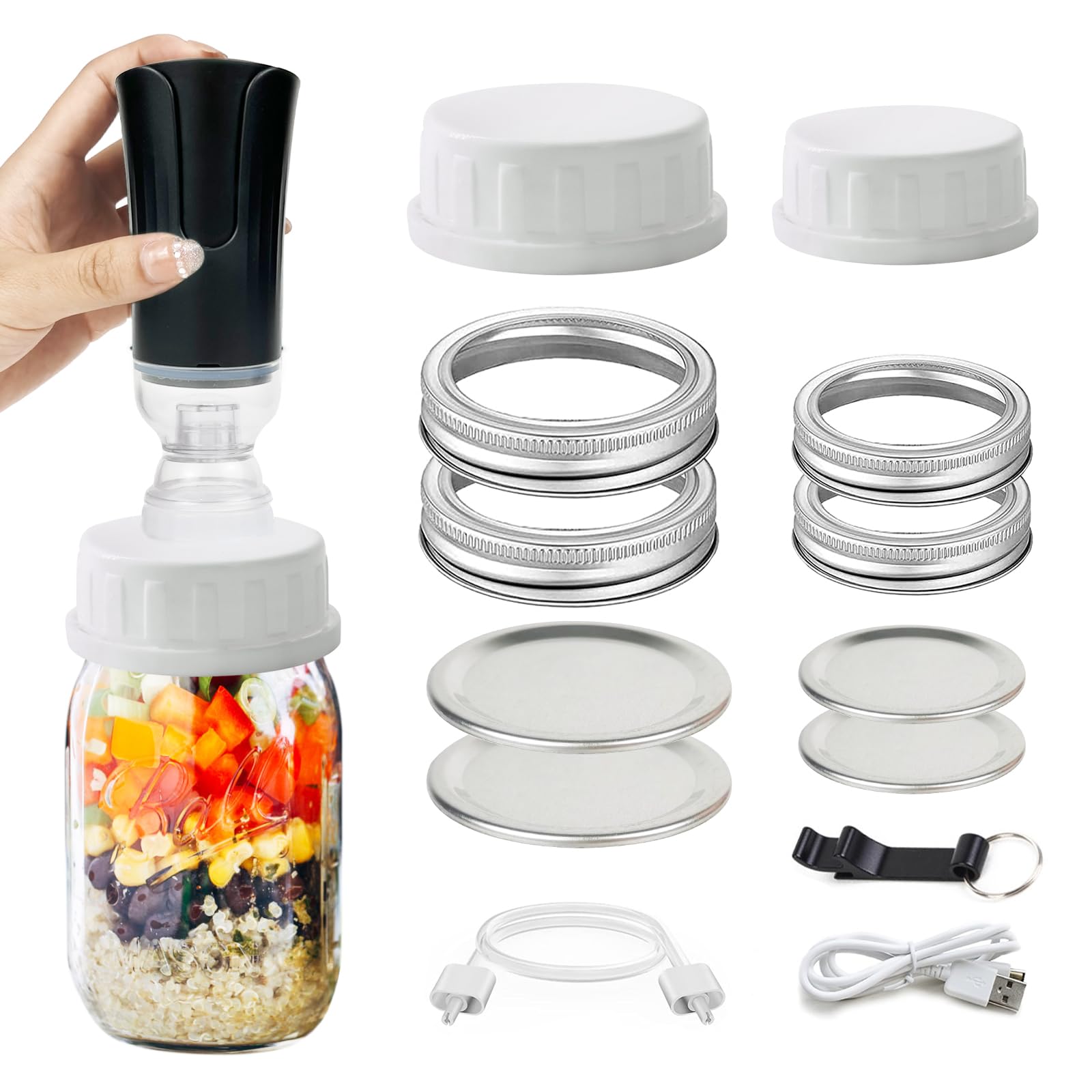 Electric Upgrade Portable Mason Jar Vacuum Sealer - 9 Piece Electric Vacuum Sealer for Jars Vacuum Sealing for Wide Mouth & Regular Mouth Mason Jar for Food Storage
