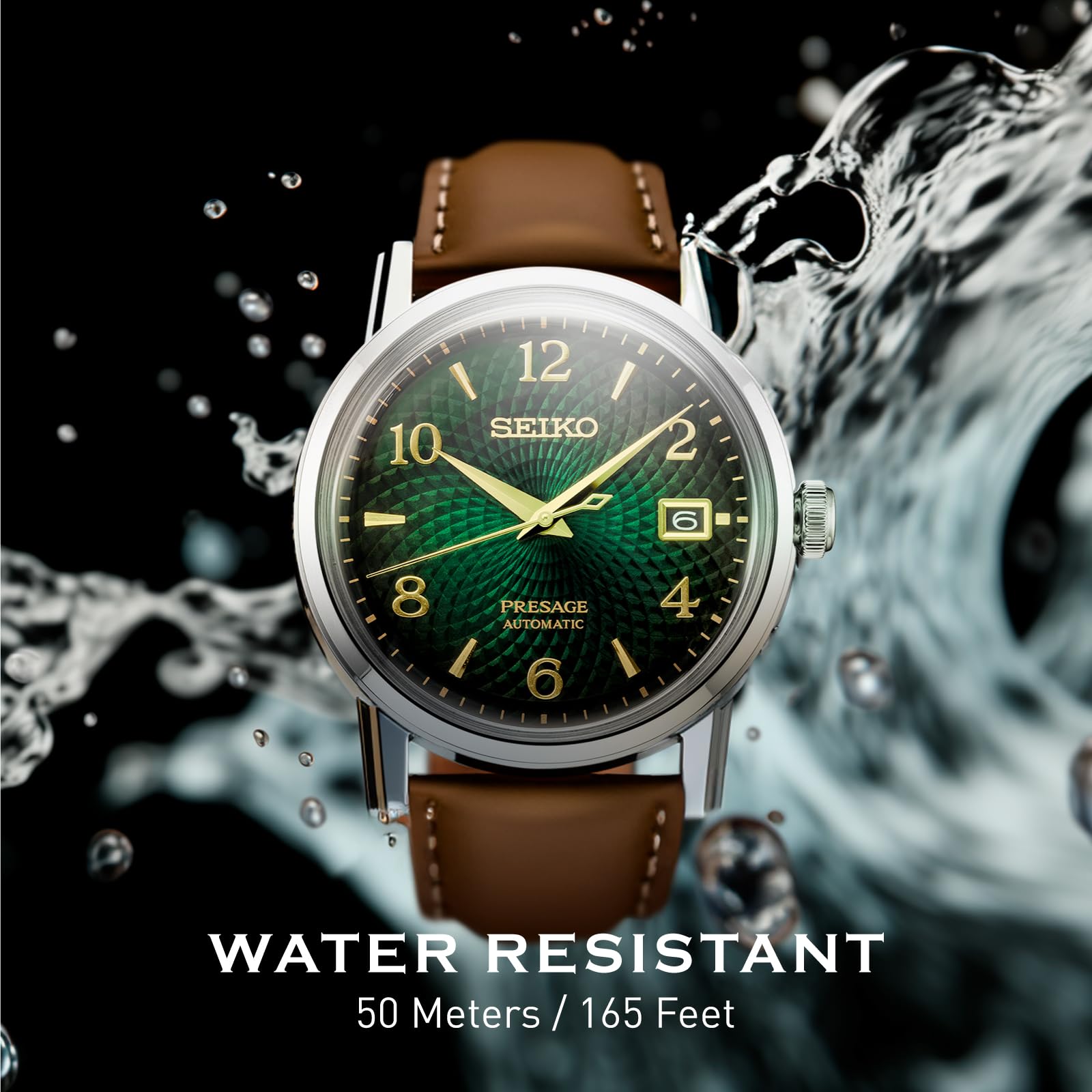 SEIKO SRPE45 Automatic Watch for Men - Presage Cocktail Time - Patterned Green Dial with Golden Numerals and Date Calendar, 50m Water-Resistant