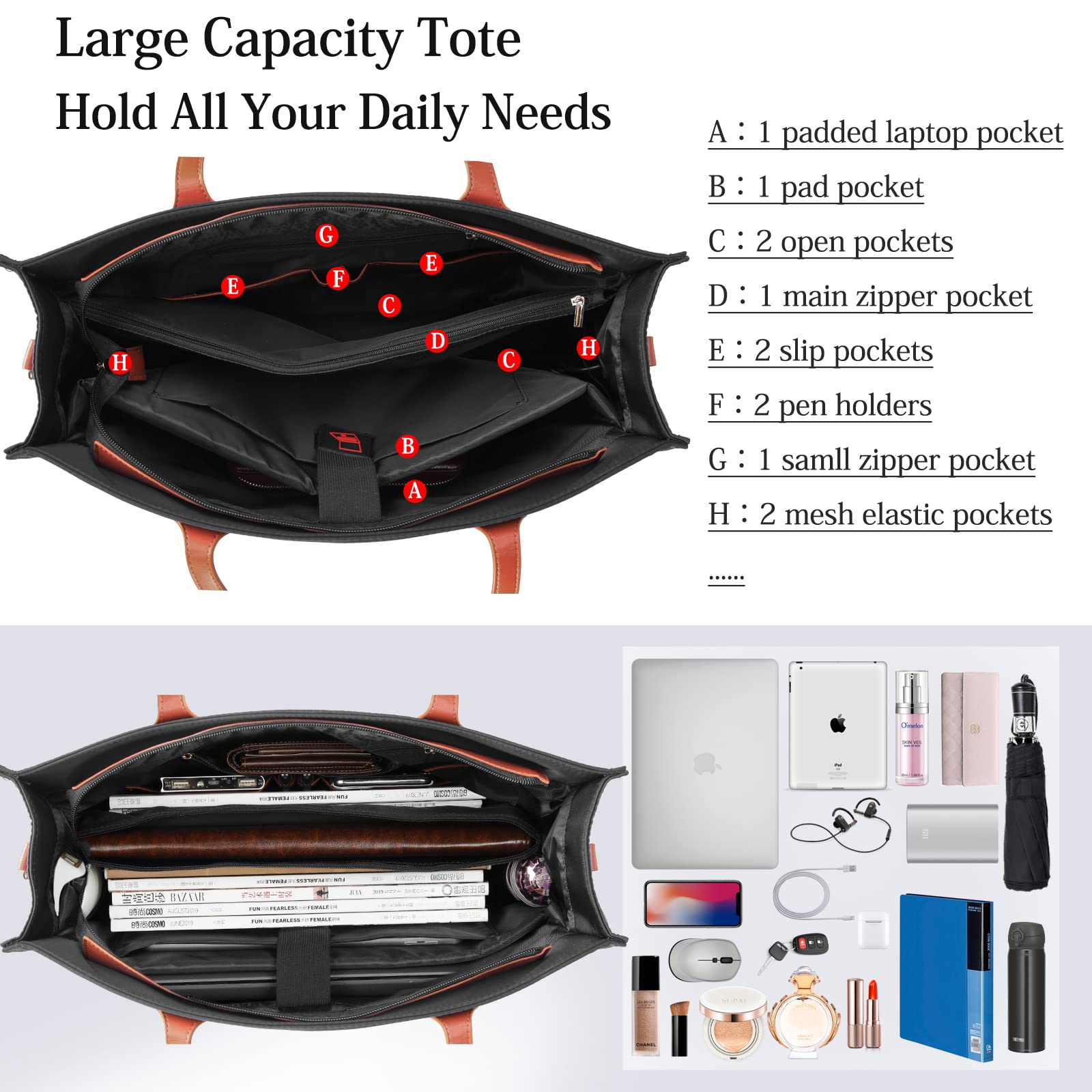 NUBILY Women's Large Black Tote Laptop Bag, 15.6 Inch USB Charging Port, Waterproof Nylon Shoulder Bag