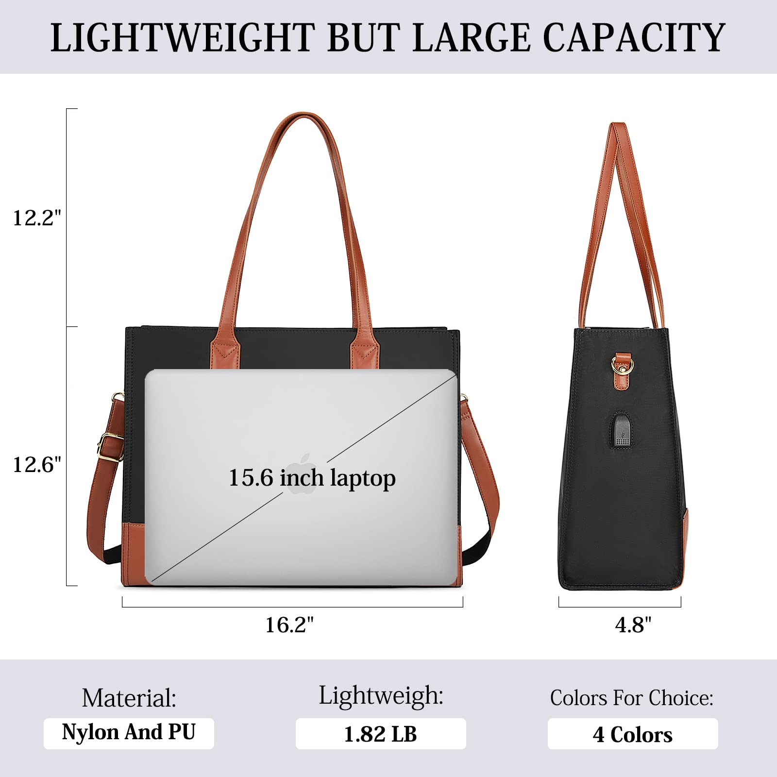NUBILY Women's Large Black Tote Laptop Bag, 15.6 Inch USB Charging Port, Waterproof Nylon Shoulder Bag