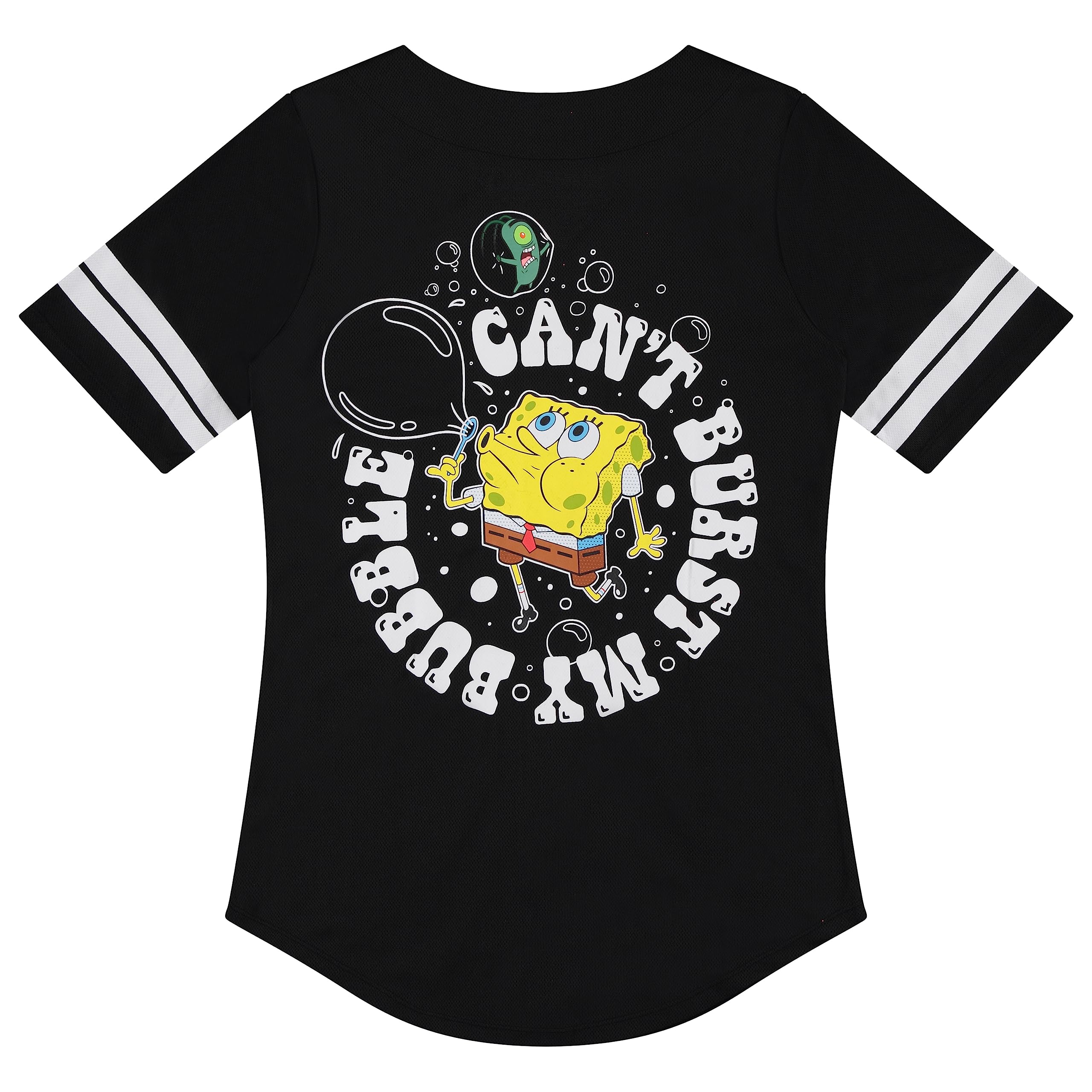 SpongeBob SquarePants Ladies Baseball Jersey - Spongebob, Mr Krabs, Squidward, Patrick Star - Mesh Button Down Baseball Jersey (Black White, Small)