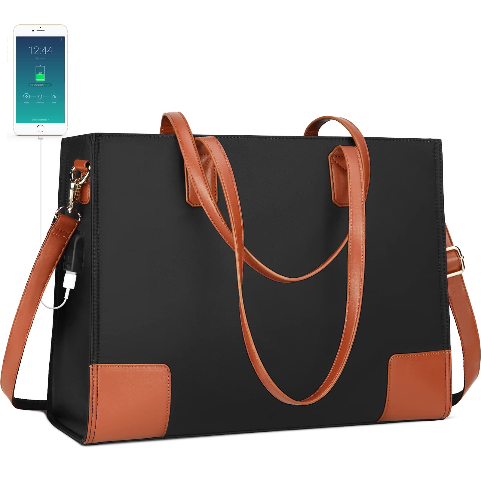 NUBILY Women's Large Black Tote Laptop Bag, 15.6 Inch USB Charging Port, Waterproof Nylon Shoulder Bag