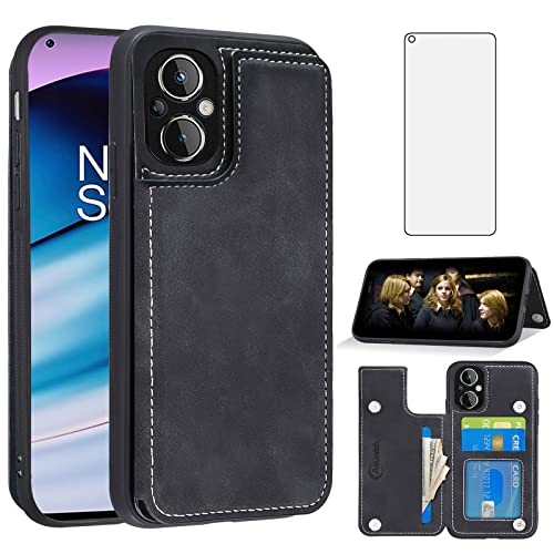 Asuwish Phone Case for OnePlus Nord N20 5G Wallet Cover with Tempered Glass Screen Protector and Credit Card Holder Slot Stand Cell Accessories One Plus N 20 G5 1 Plus 20N 1plus One+ 1+ N205G Black