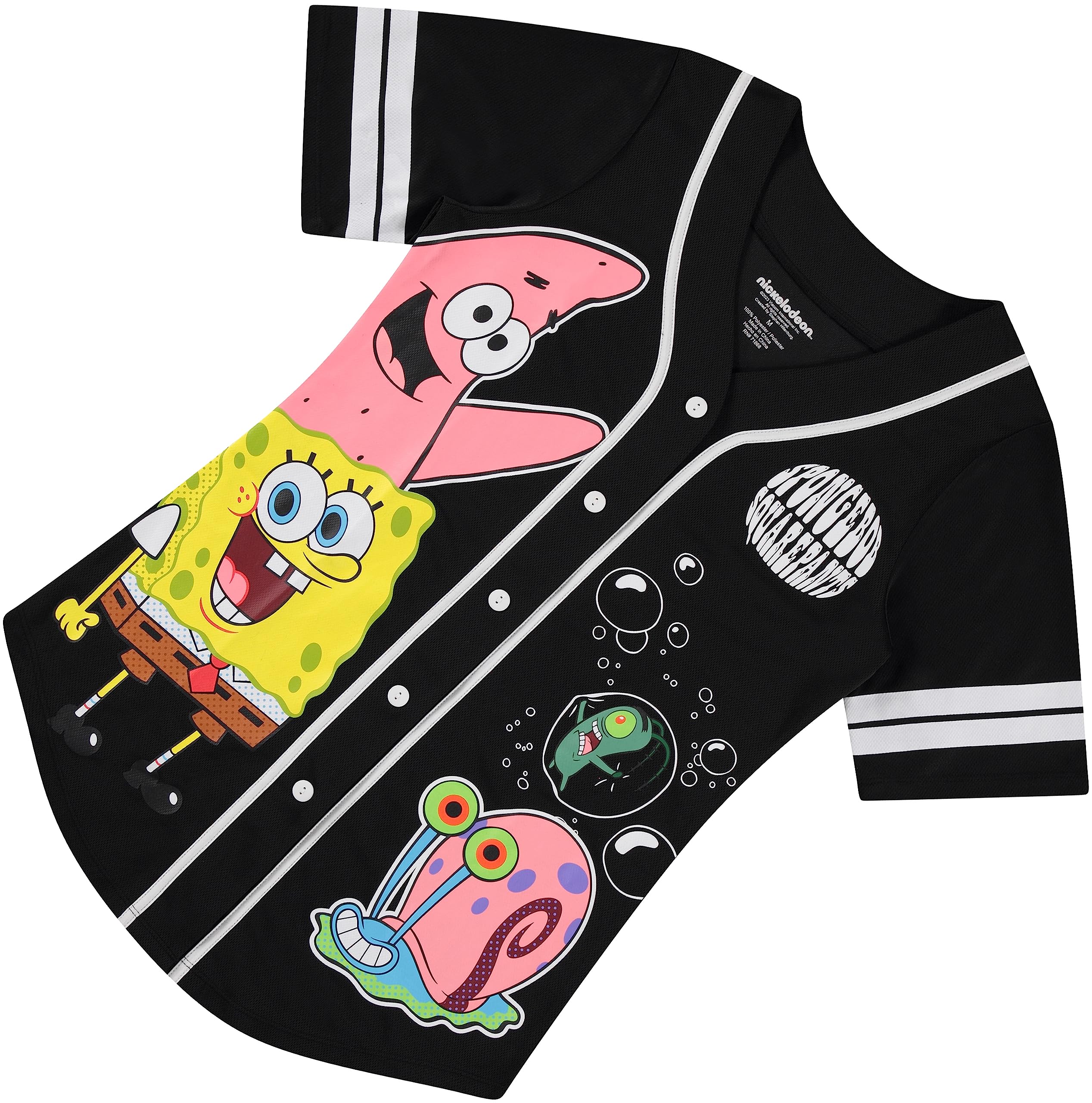 SpongeBob SquarePants Ladies Baseball Jersey - Spongebob, Mr Krabs, Squidward, Patrick Star - Mesh Button Down Baseball Jersey (Black White, Small)