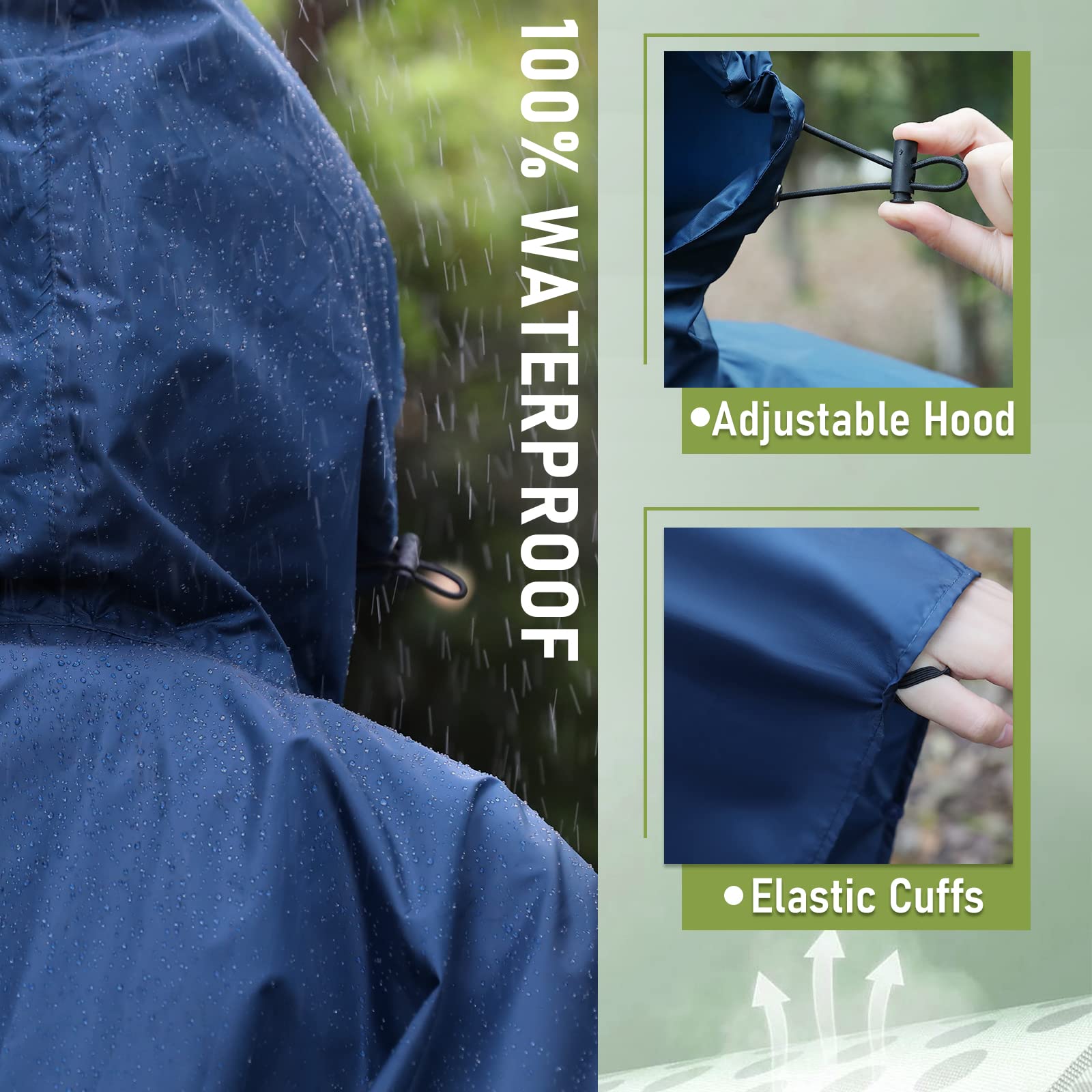 Women Waterproof Rain Poncho with Pockets Navy, One Size