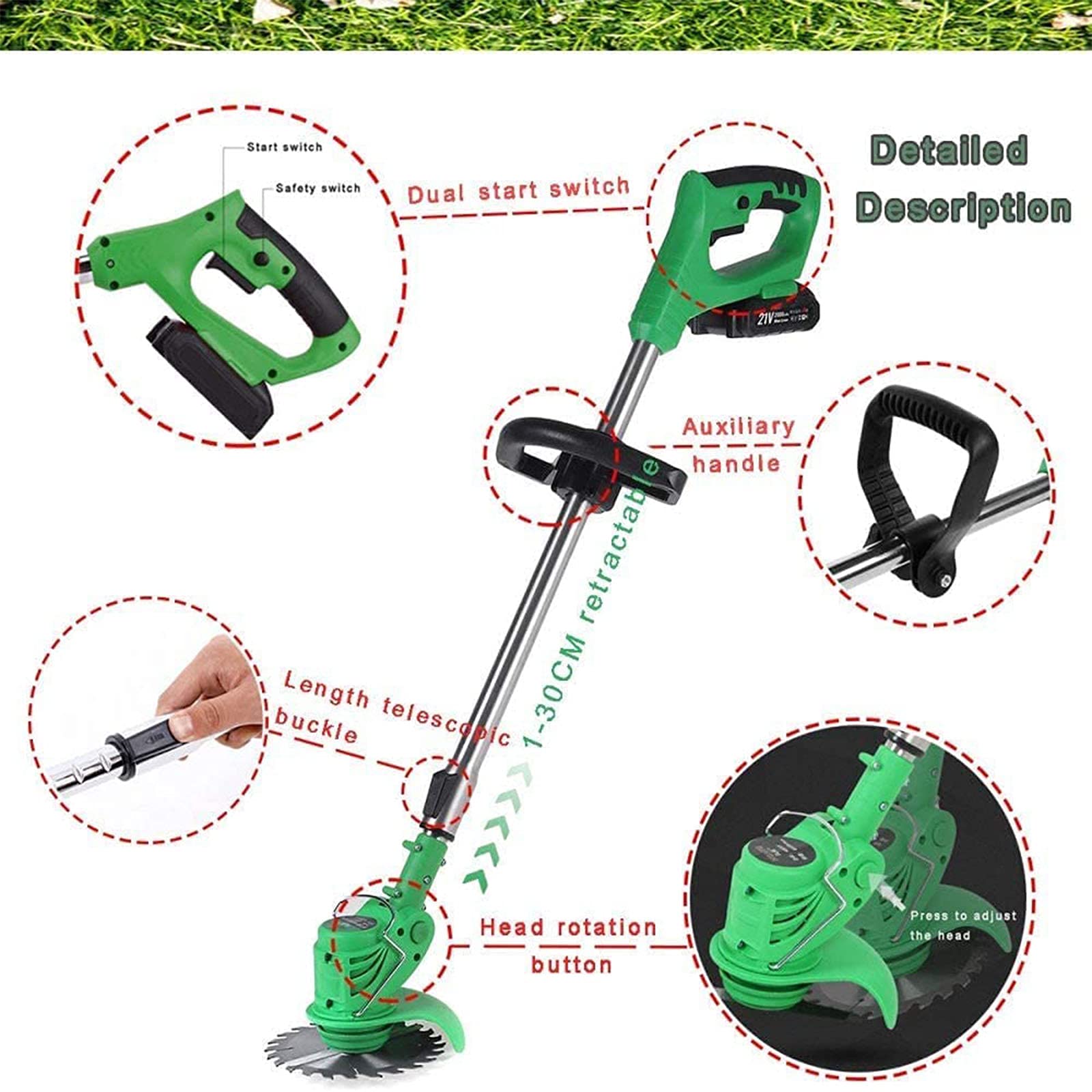 HLCUI Garden Strimmer,24V Cordless Grass Trimmer with Battery and Charger Telescopic Brush Cutter Electric 3-in-1 Lightweight Lawn Edger Tool, Three Kinds Spare Blades, 90° Head Pivots,A