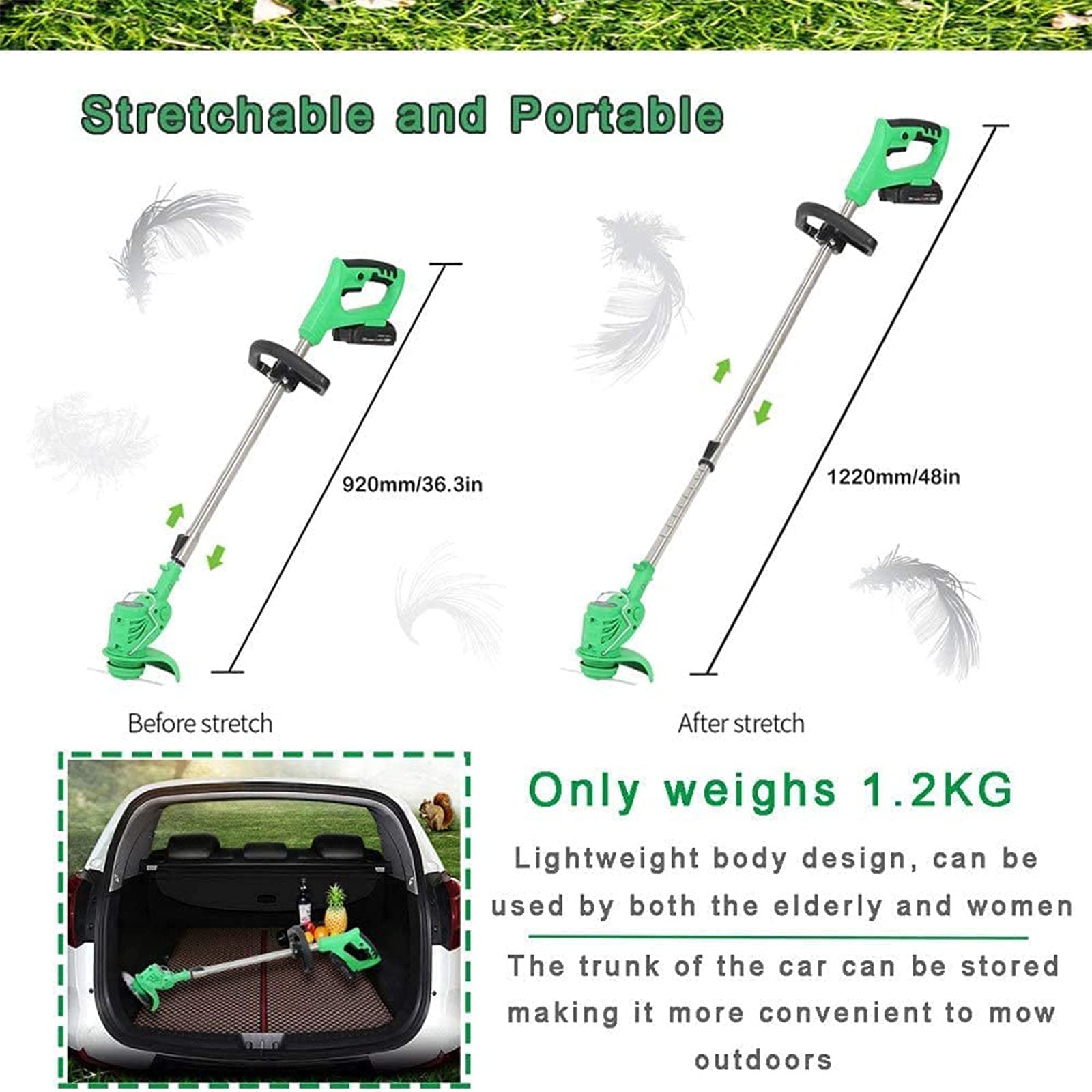 HLCUI Garden Strimmer,24V Cordless Grass Trimmer with Battery and Charger Telescopic Brush Cutter Electric 3-in-1 Lightweight Lawn Edger Tool, Three Kinds Spare Blades, 90° Head Pivots,A