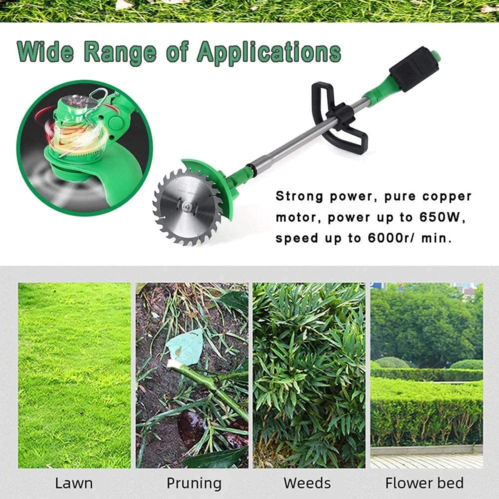 HLCUI Garden Strimmer,24V Cordless Grass Trimmer with Battery and Charger Telescopic Brush Cutter Electric 3-in-1 Lightweight Lawn Edger Tool, Three Kinds Spare Blades, 90° Head Pivots,A