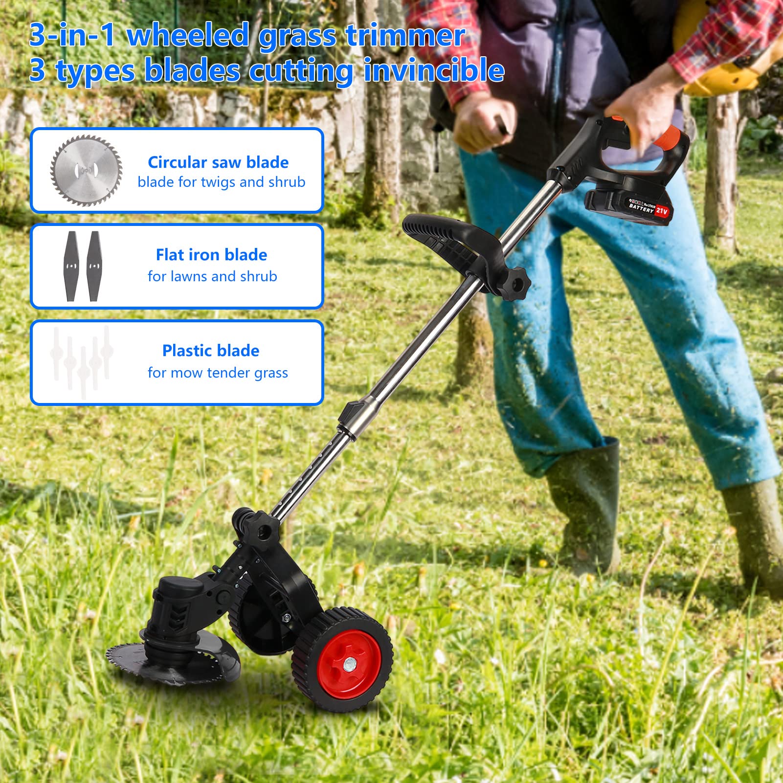HEVIRGO Cordless String Trimmer & Edger, 21V 3 in 1 Electric Lawn Mower Weed Eater Cordless Electric Grass Trimmer Lawn Edger Brush Cutter for Yard and Garden, with 2.0Ah Batteries & Charger