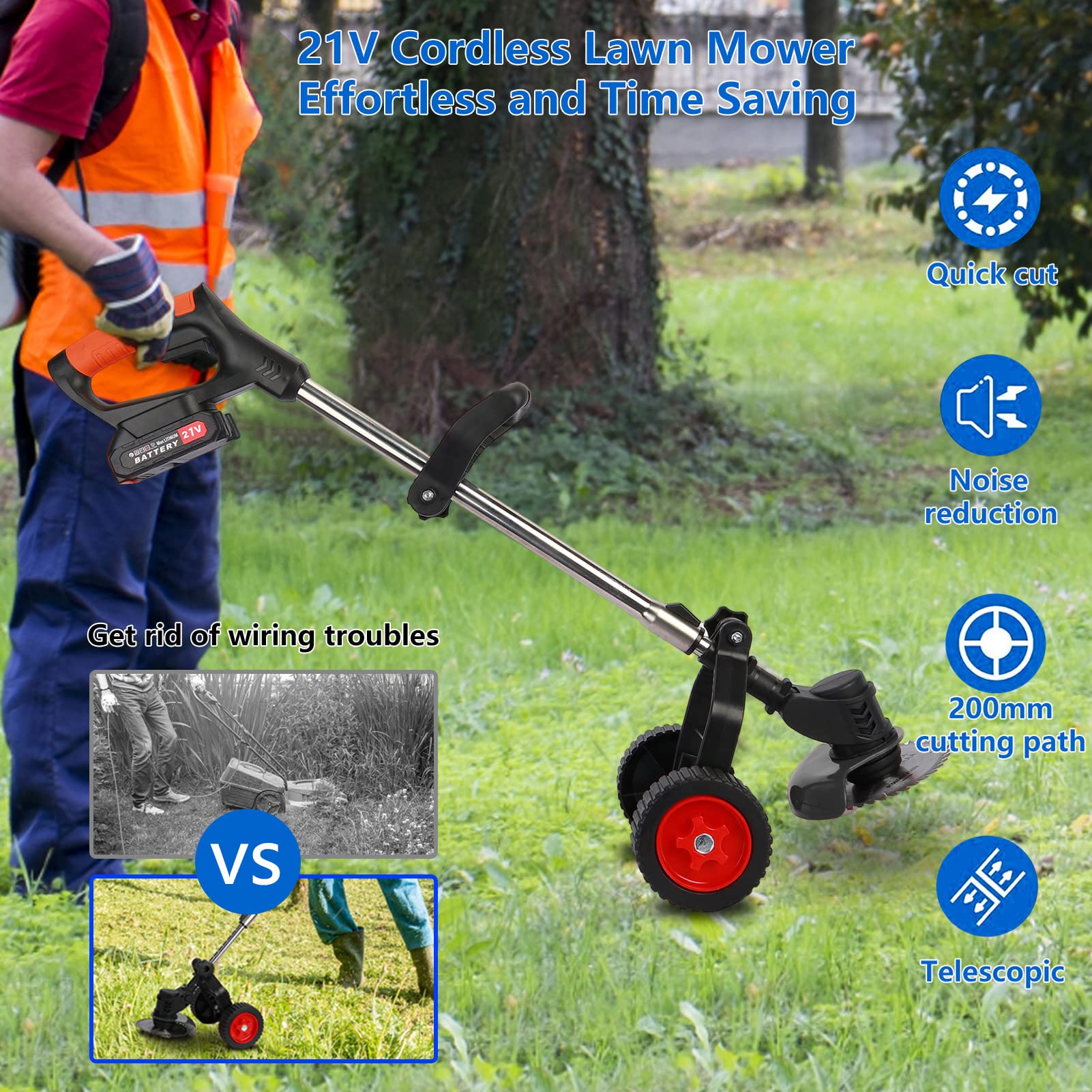 HEVIRGO Cordless String Trimmer & Edger, 21V 3 in 1 Electric Lawn Mower Weed Eater Cordless Electric Grass Trimmer Lawn Edger Brush Cutter for Yard and Garden, with 2.0Ah Batteries & Charger