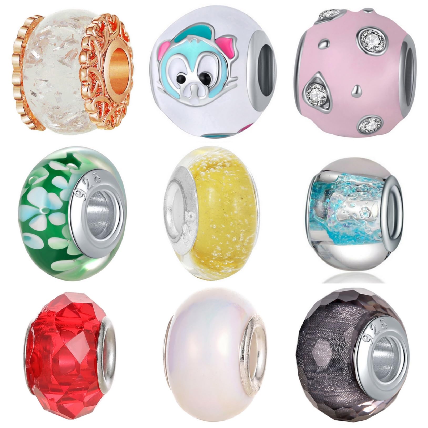 9 Pack Plated Silver Spacer Beads European Charms fit Pandora Bracelet CZ Enamel Set Plexiglass