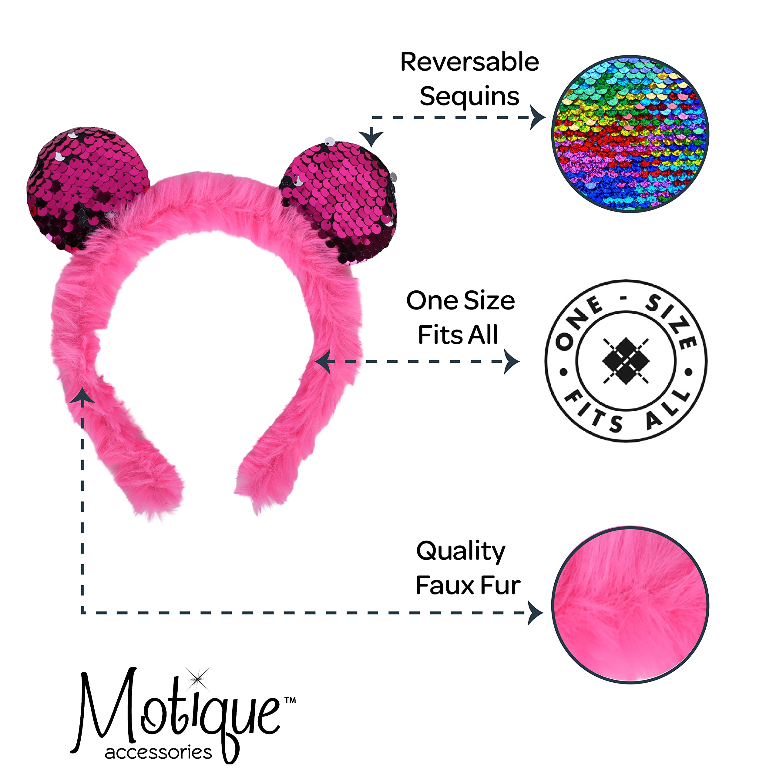 Motique Accessories Fur Mouse Ears Headband with Reversable Sequins for Women and Girls- Hot Pink