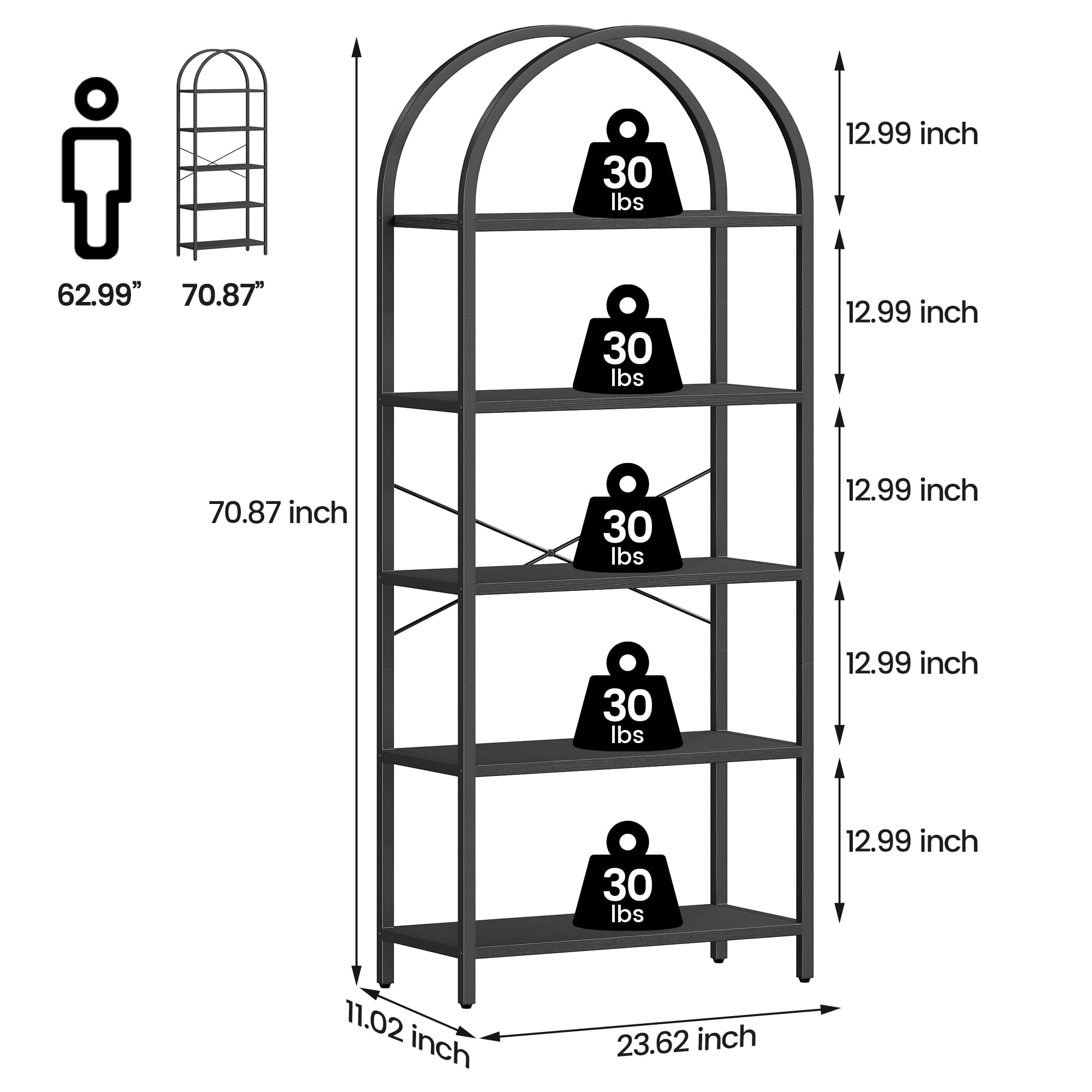 GAOMON Arched Bookshelf 5 Tier Bookcase 70.87in Tall Display Racks Modern Standing Bookshelves Metal Book Shelf for Bedroom, Living Room, Home Office