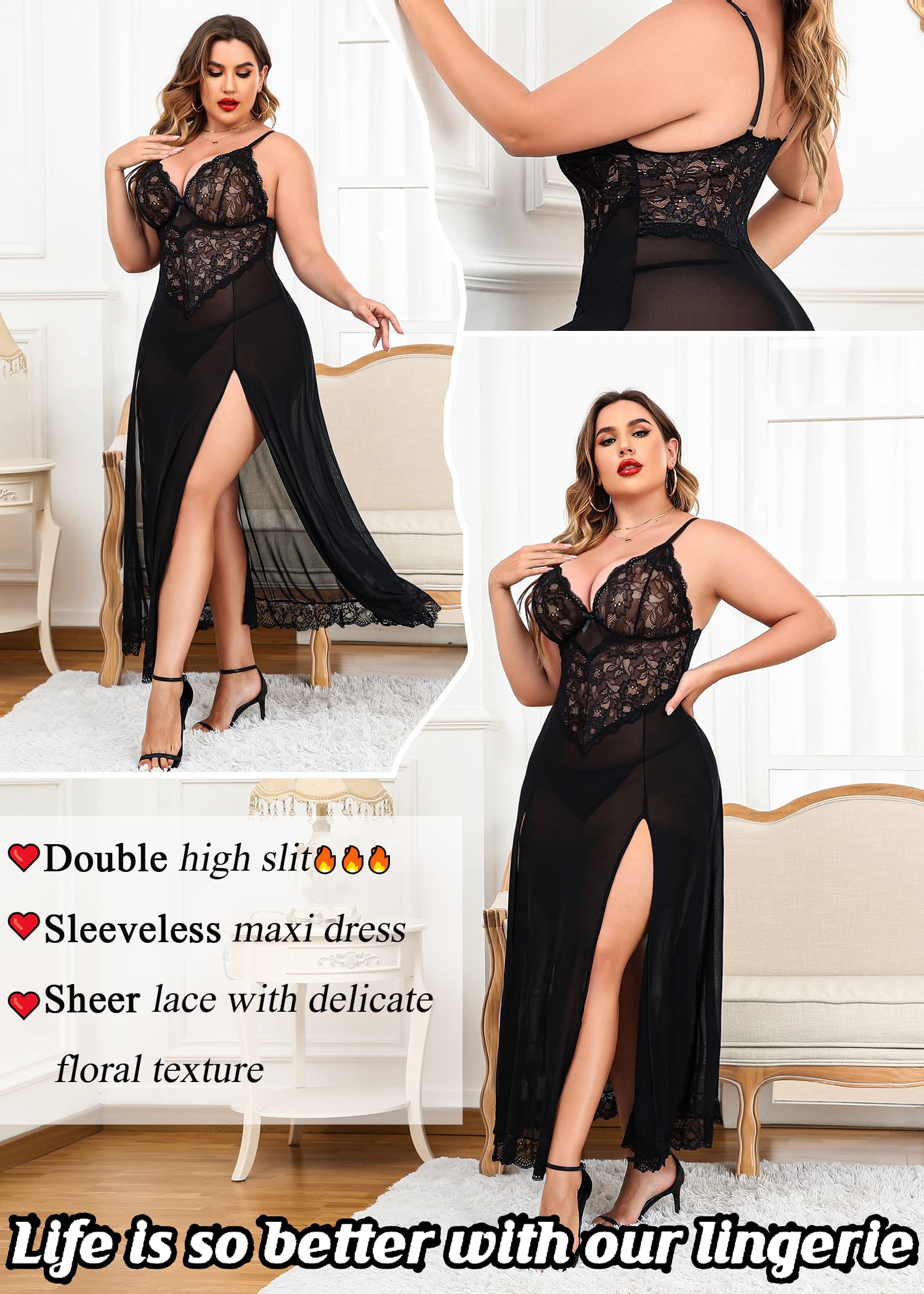 Avidlove Women's Lingerie Plus Size Split Long Mesh Lingerie Dress Babydoll Chemise Black Nightgown 5X-Large