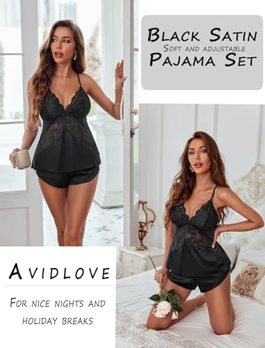 Avidlove Women's Silk Pjs Set Satin Pajamas Sets Cami Shorts Sets Women Lace Sleepwear Black