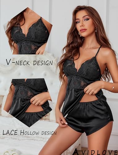 Avidlove Women's Silk Pjs Set Satin Pajamas Sets Cami Shorts Sets Women Lace Sleepwear Black